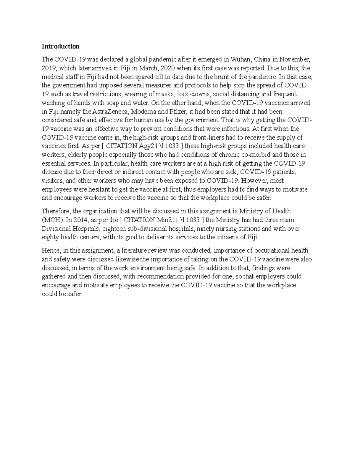 MG 302- Major Assignment - Introduction The COVID-19 was declared a ...