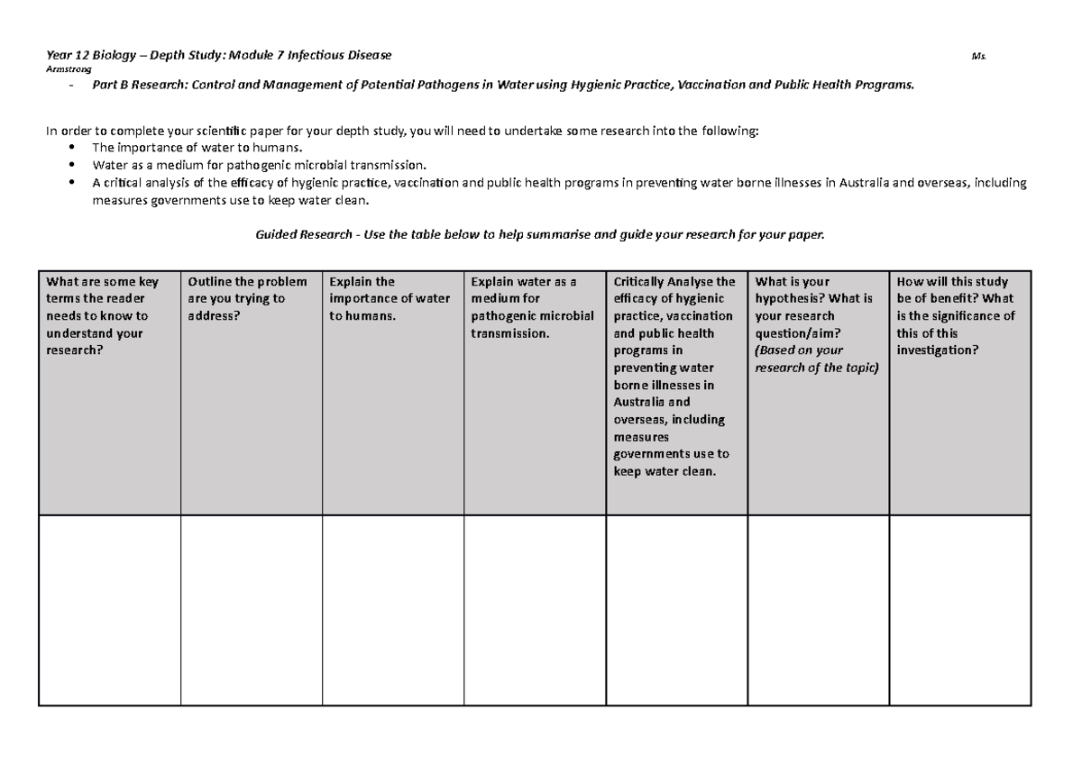 Part B - Guided Research Scaffold - Year 12 Biology – Depth Study ...