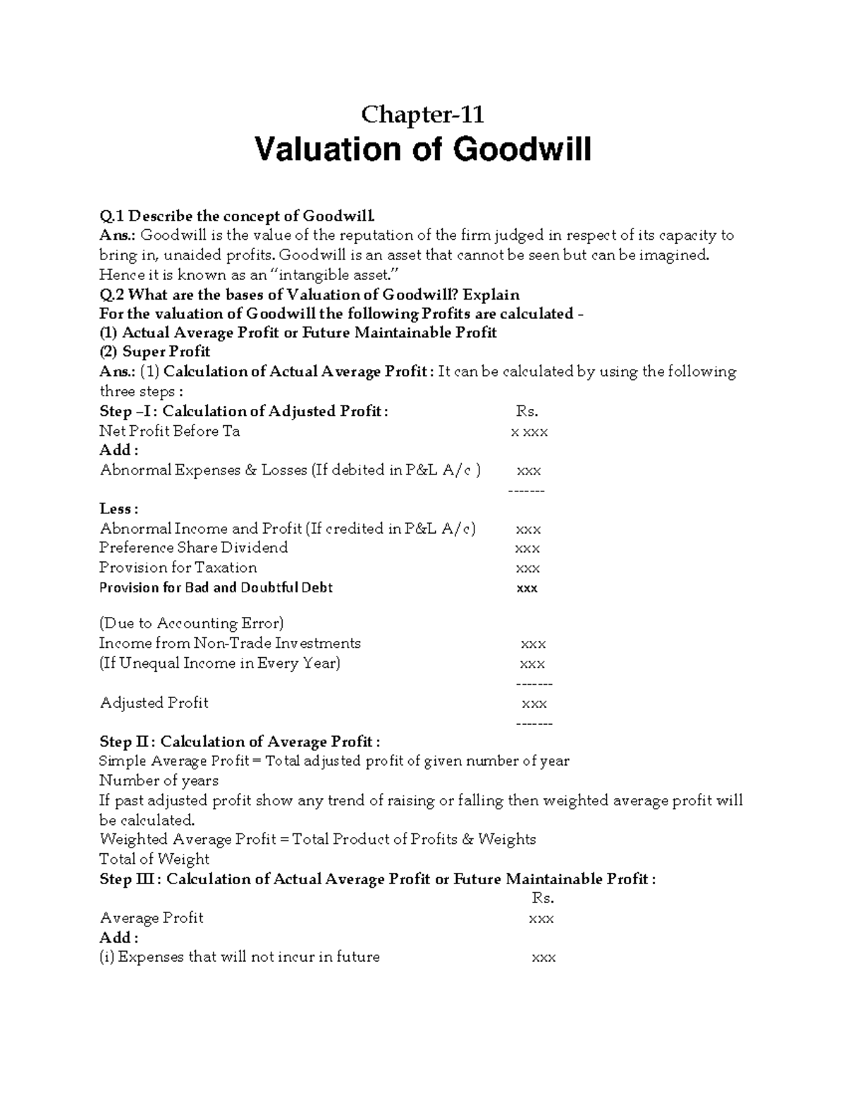 Chapter 11 Valuation of Goodwill - Chapter- Valuation of Goodwill Q ...