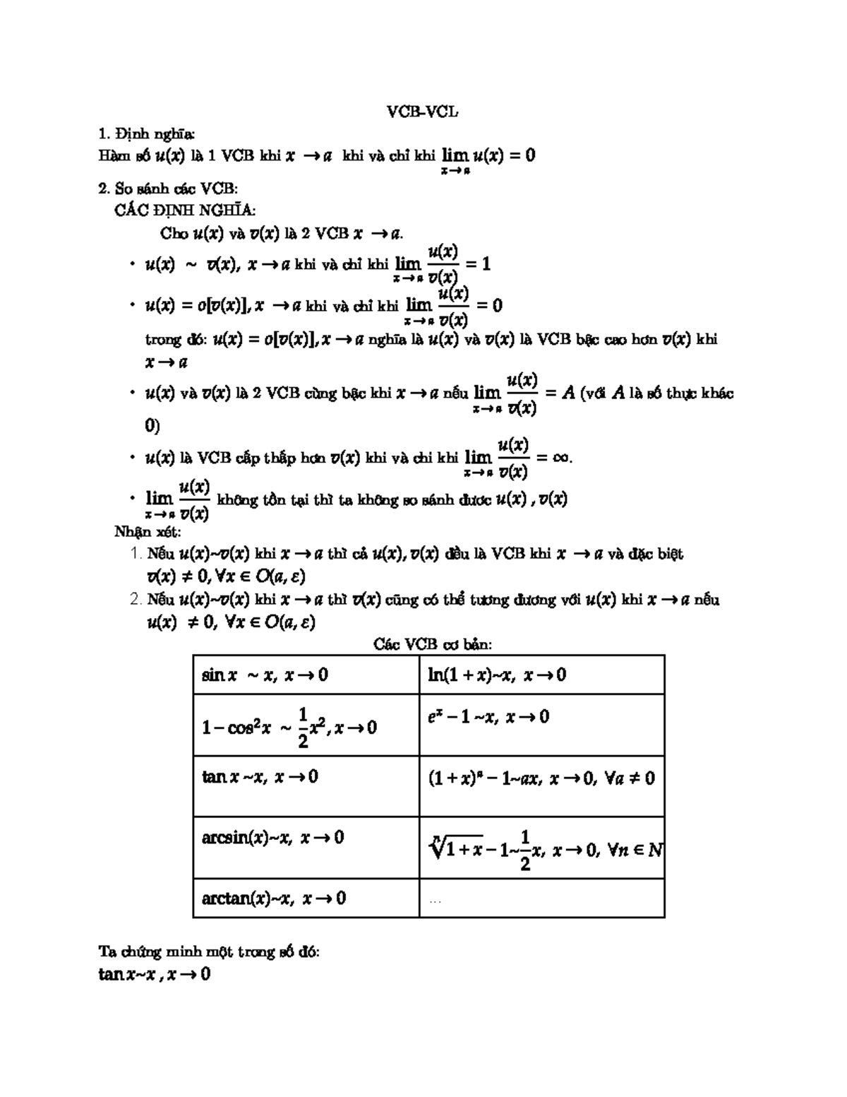 VCB-VCL full.pdf - VCB-VCL 1. ịnh nghĩa: H m số u (x ) l 1 VCB khi x → a khi v chỉ khilimu x = 0 ...