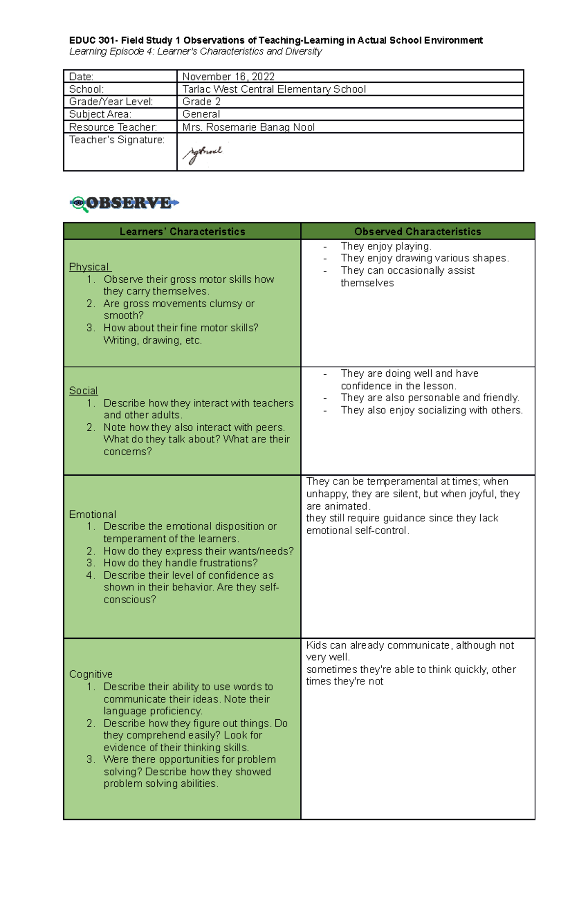 FS1 LE 4 act1 - FIELD STUDY - EDUC 301- Field Study 1 Observations of ...