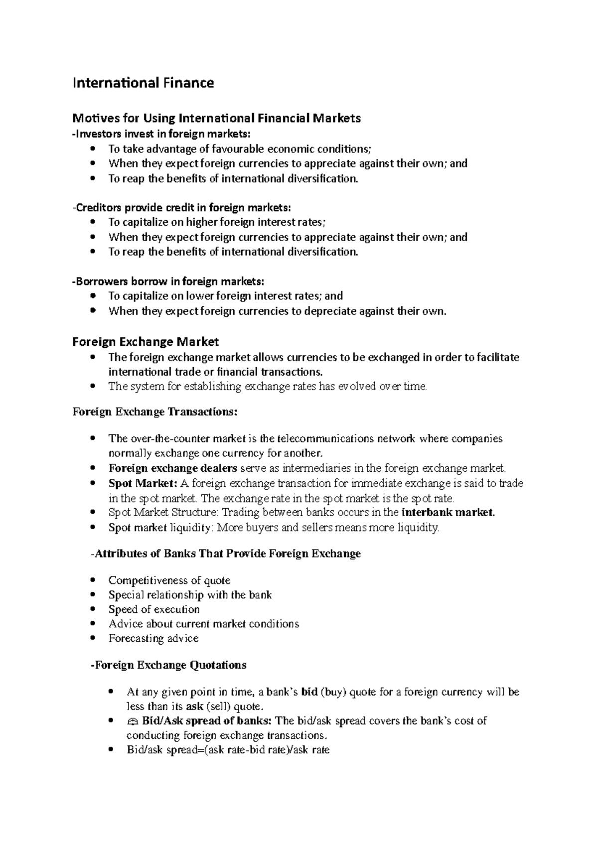 International Finance week 2 notes - International Finance Motives for ...