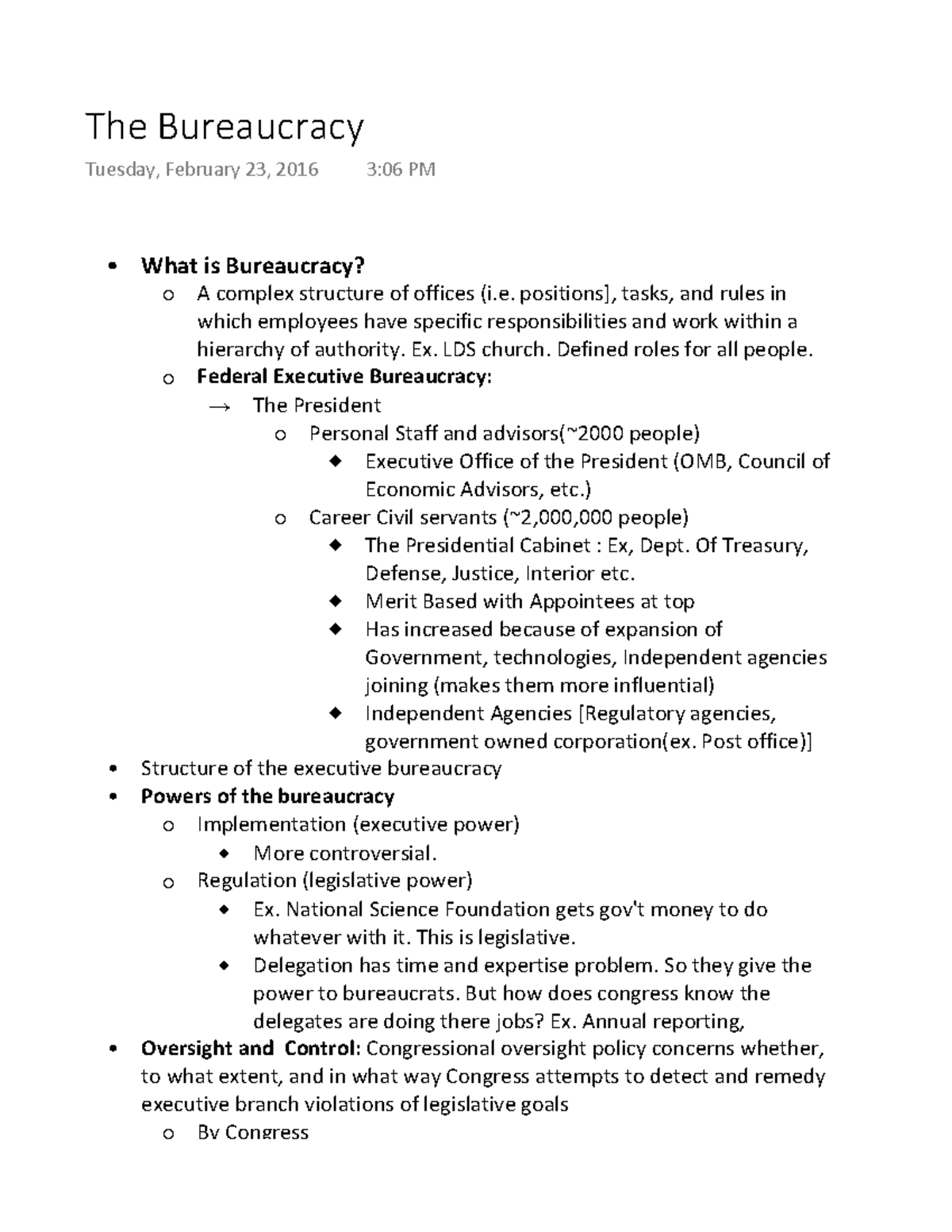 The Bureaucracy - Lecture notes 12 - The Bureaucracy Tuesday, February ...