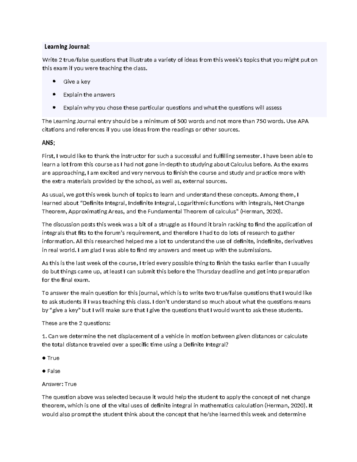 Learning Journal Unit 8 - Learning Journal: Write 2 true/false ...
