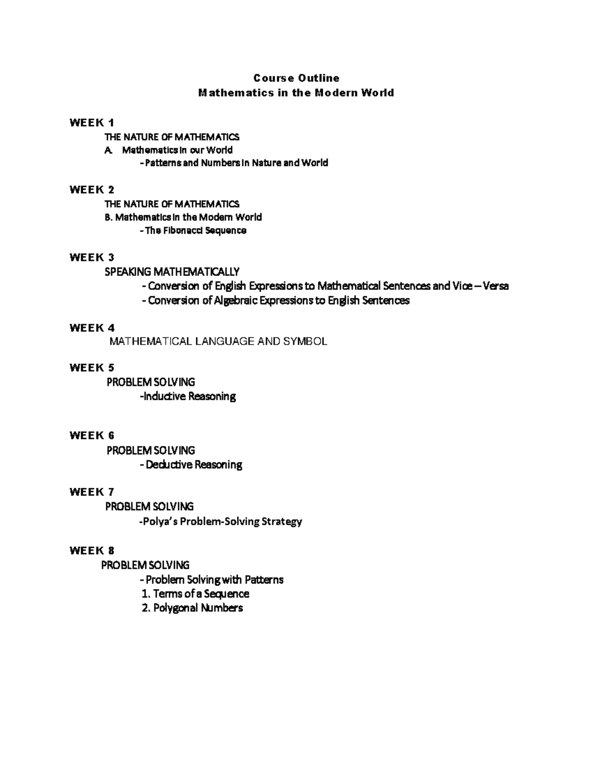 Mathematics in the Modern World - Course Outline - Course Outline ...
