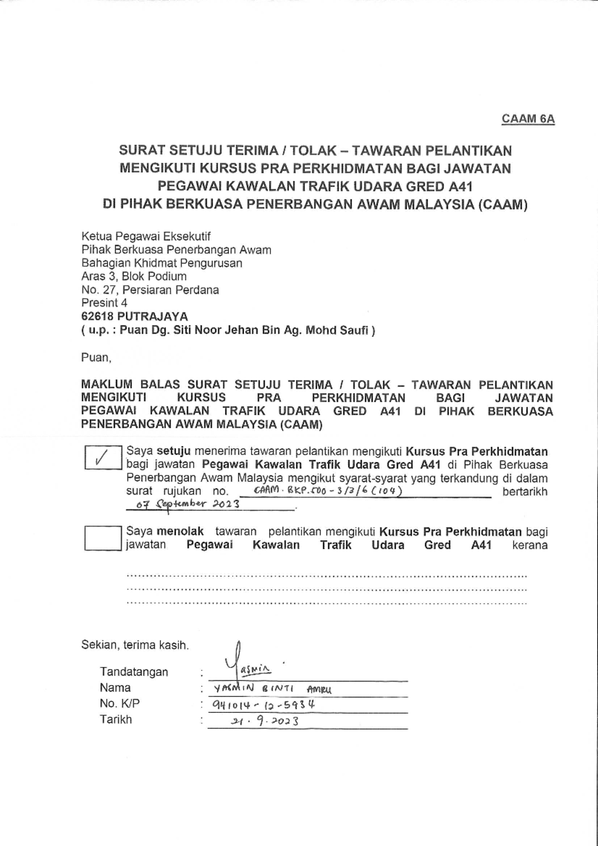 Surat Setuju Terima Tolak - CAAM 6A SURAT SETUJU TERIMA TOLAK TAWARAN ...