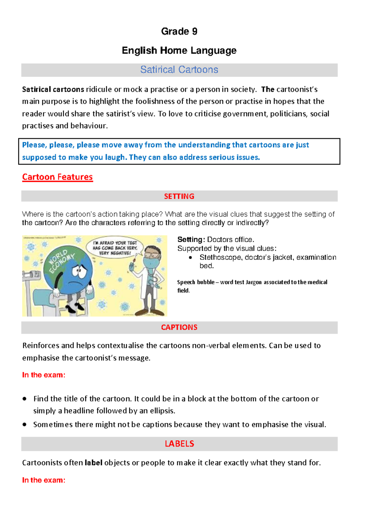 Grade 9 English HL Satirical Cartoons Worksheet - Grade 9 English Home ...