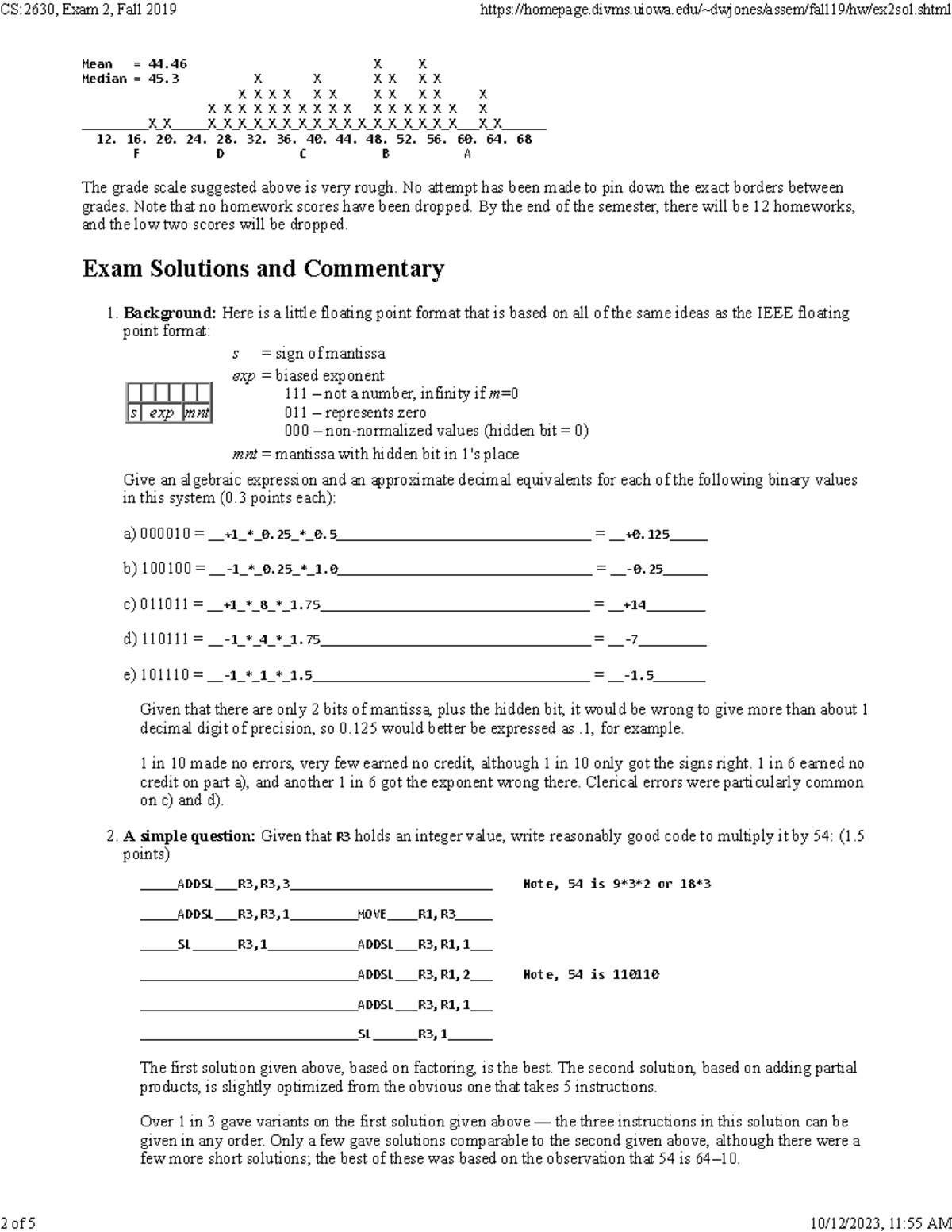 CS 2630, Exam 2, Fall 2019 - Mean = 44 X X Median = 45 X X X X X X X X ...