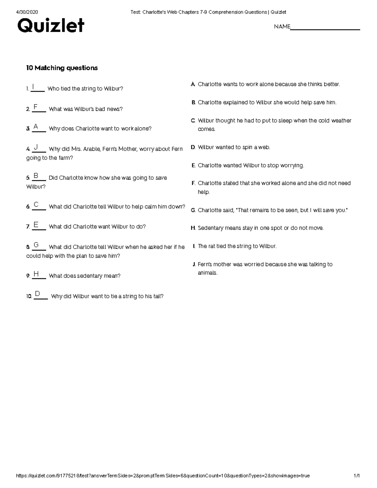 Science Gizmo 12 - 4/30/2020 Test: Charlotte's Web Chapters 7-9 ...