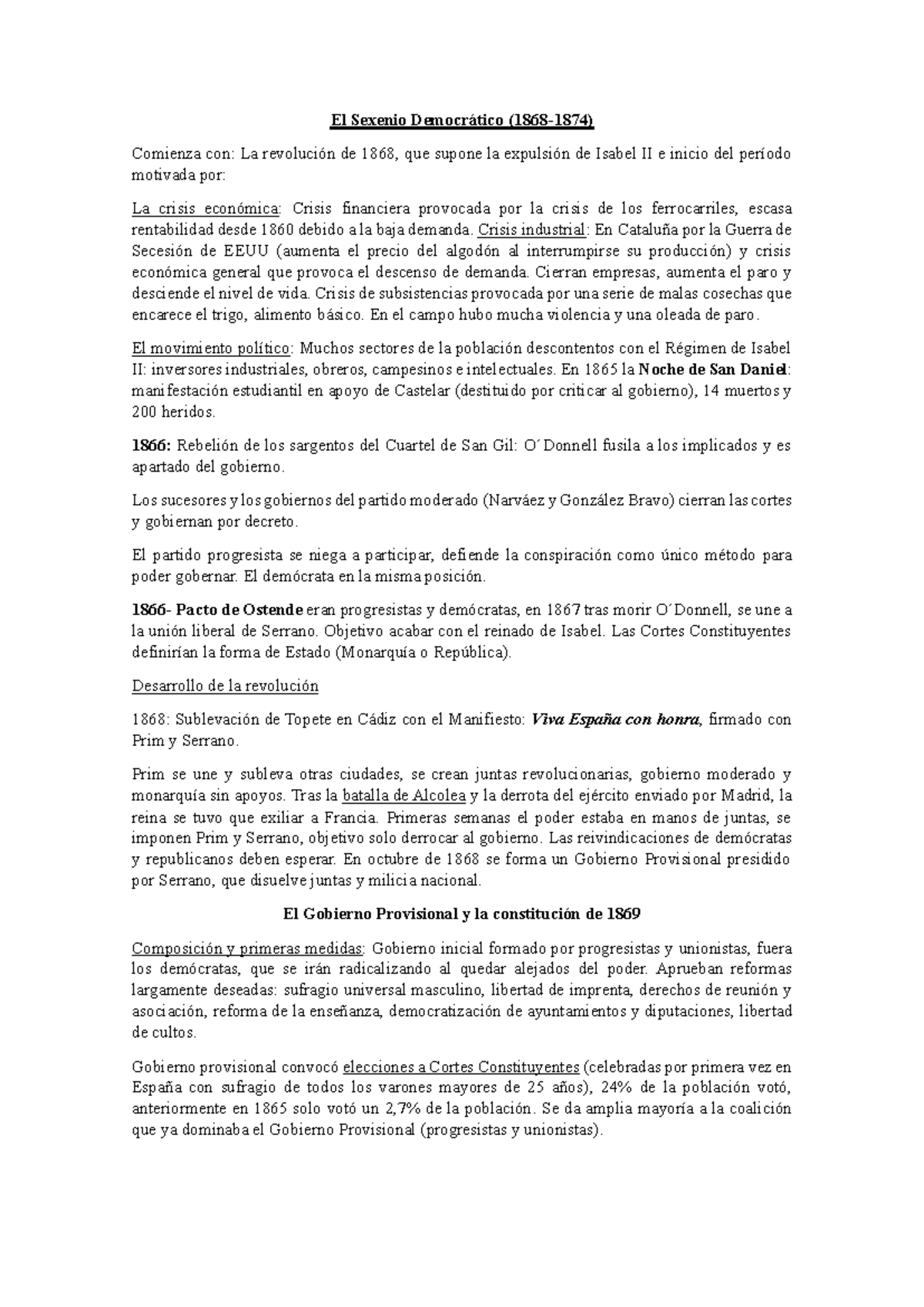 Resumen Historia Tema 5 - El Sexenio Democrático (1868-1874) Comienza con: La revolución de 1868 ...