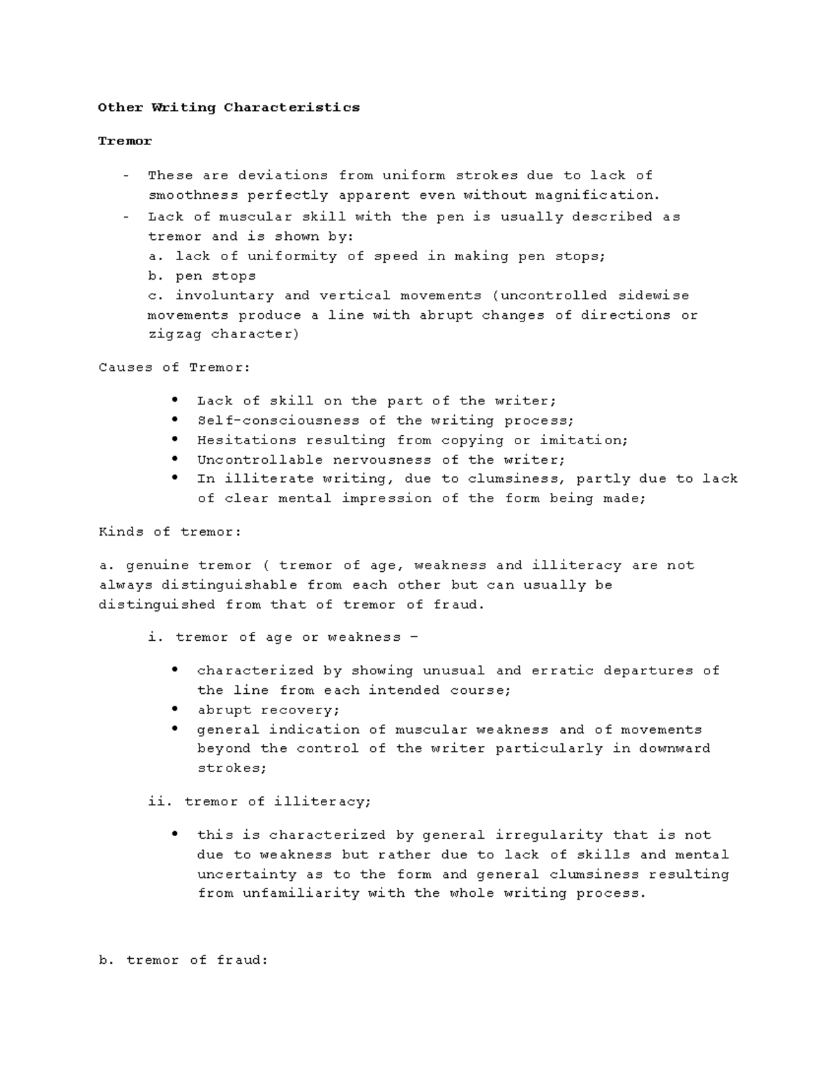 Additional notes in QDE - Other Writing Characteristics Tremor These ...