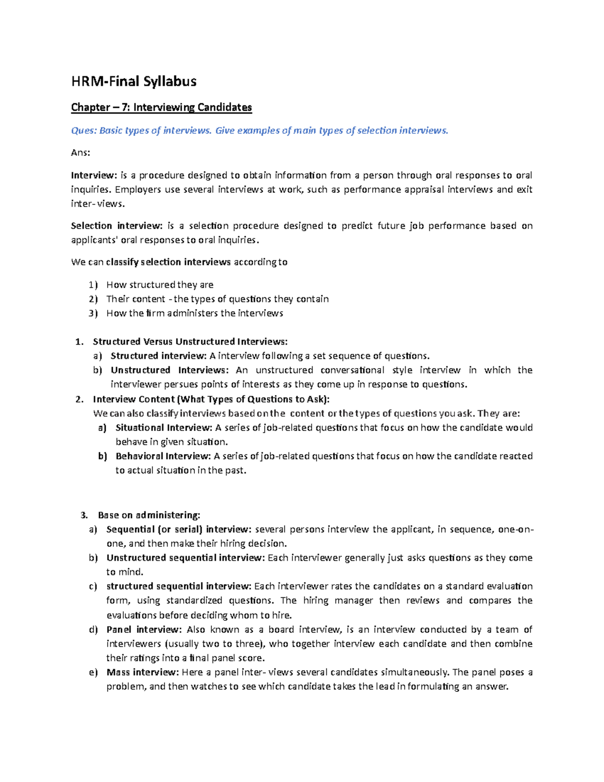 HRM- Notes for Class - HRM-Final Syllabus Chapter – 7: Interviewing ...