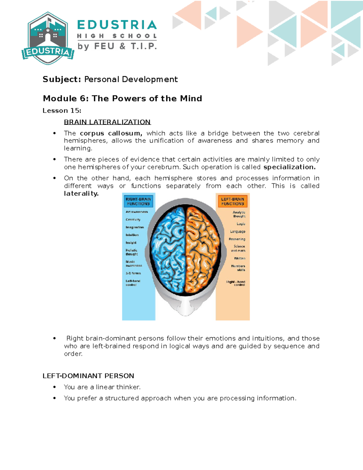 Perdev Lesson 15 - laterality, left and right - Subject: Personal ...