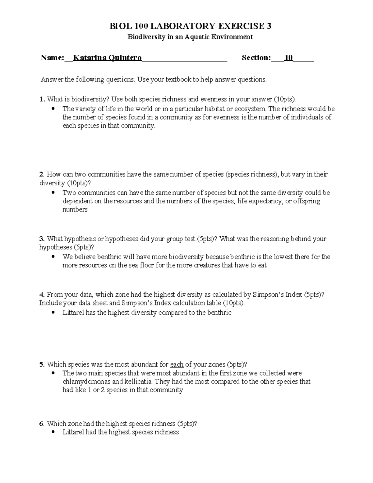 Bio100- lab 3 - Lab notes - BIOL 100 LABORATORY EXERCISE 3 Biodiversity ...