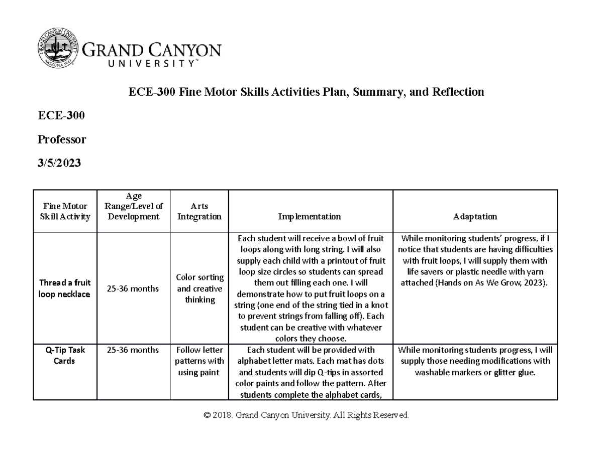 ECE-300-Fine Motor Plan Muqueet - ECE-300 Fine Motor Skills Activities Plan, Summary, and ...