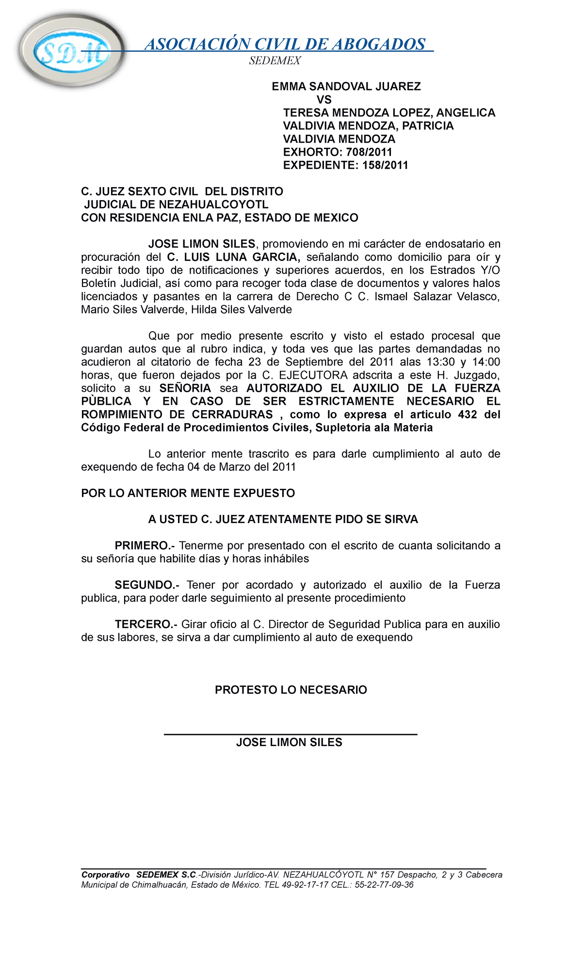 Auxilio DE LA Policia - sin - ASOCIACIÓN CIVIL DE ABOGADOS SEDEMEX EMMA ...