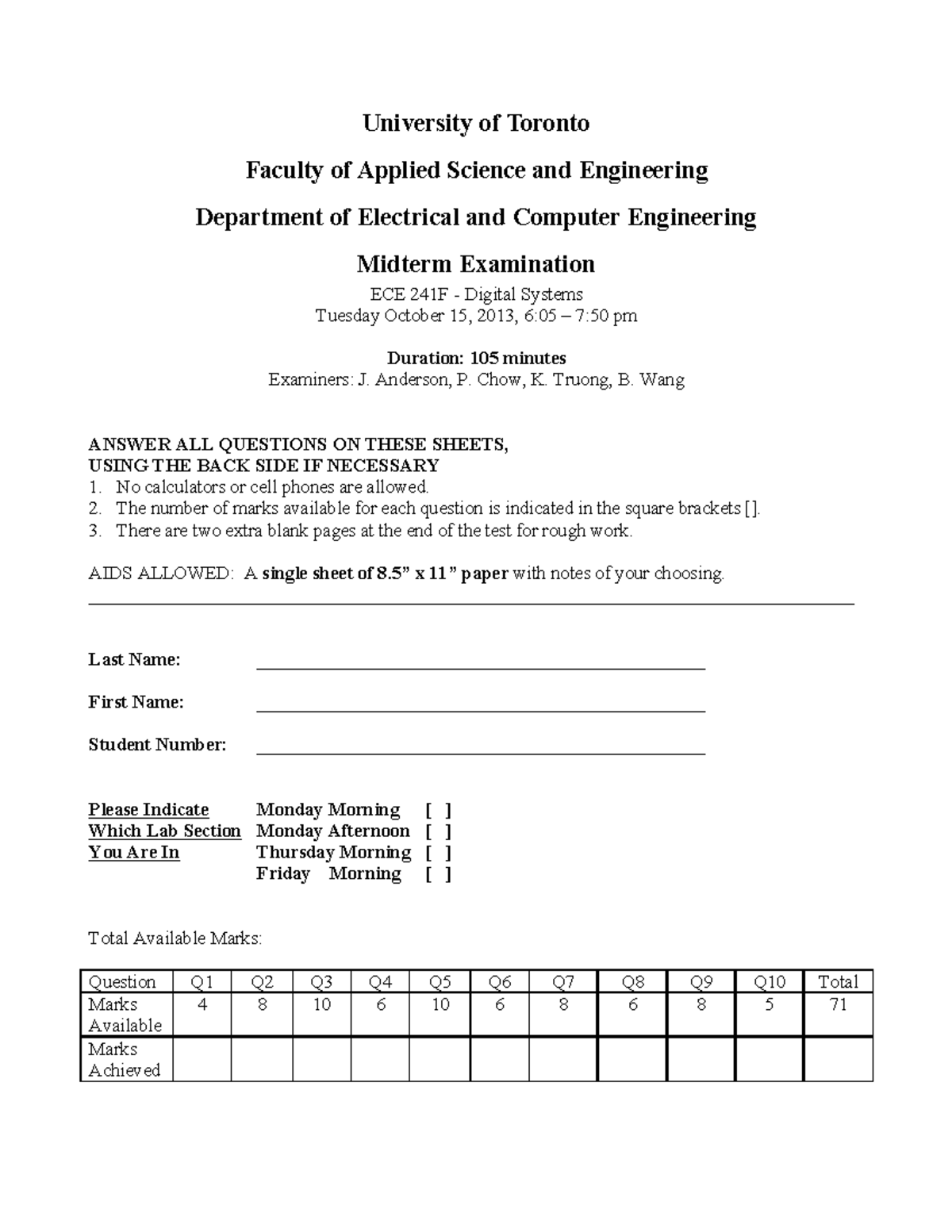 Exam 15 October 2013, questions - University of Toronto Faculty of ...