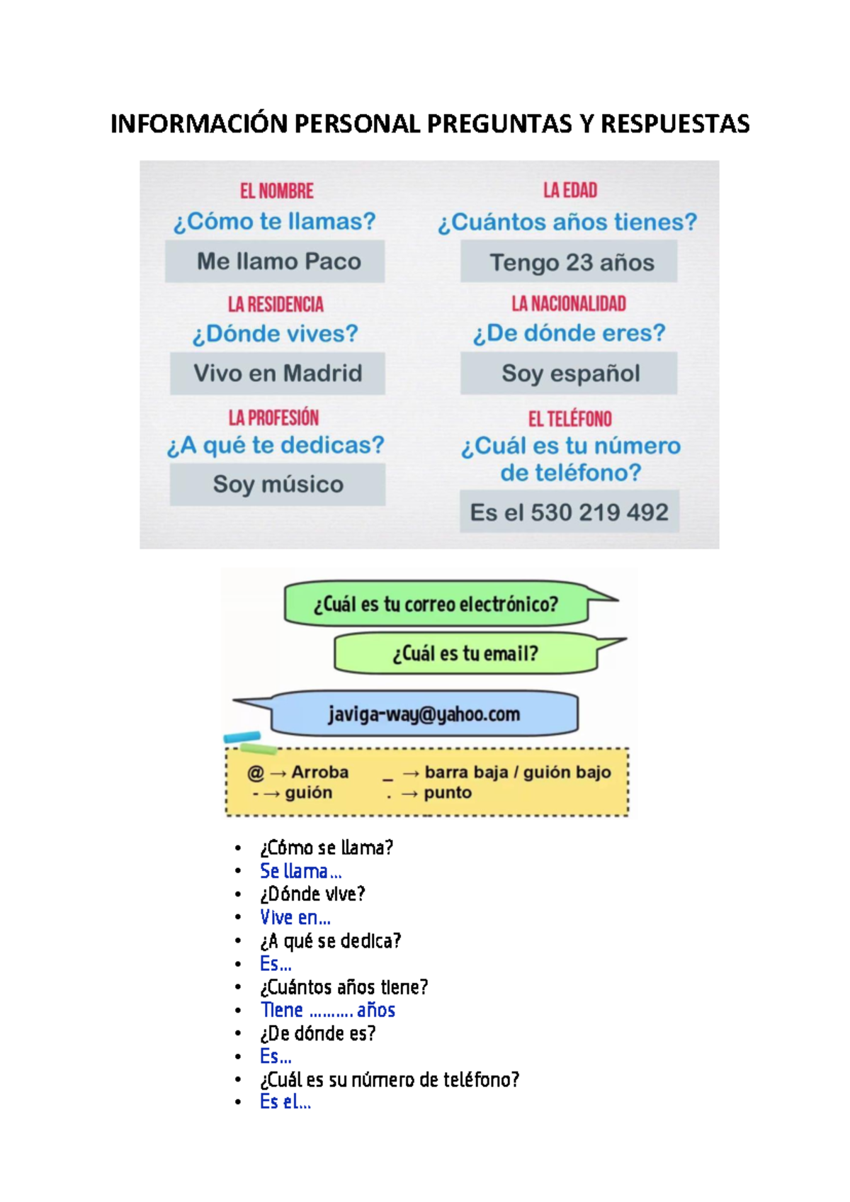A1.1 Clase 5 - Spanish practice - INFORMACIÓN PERSONAL PREGUNTAS Y ...