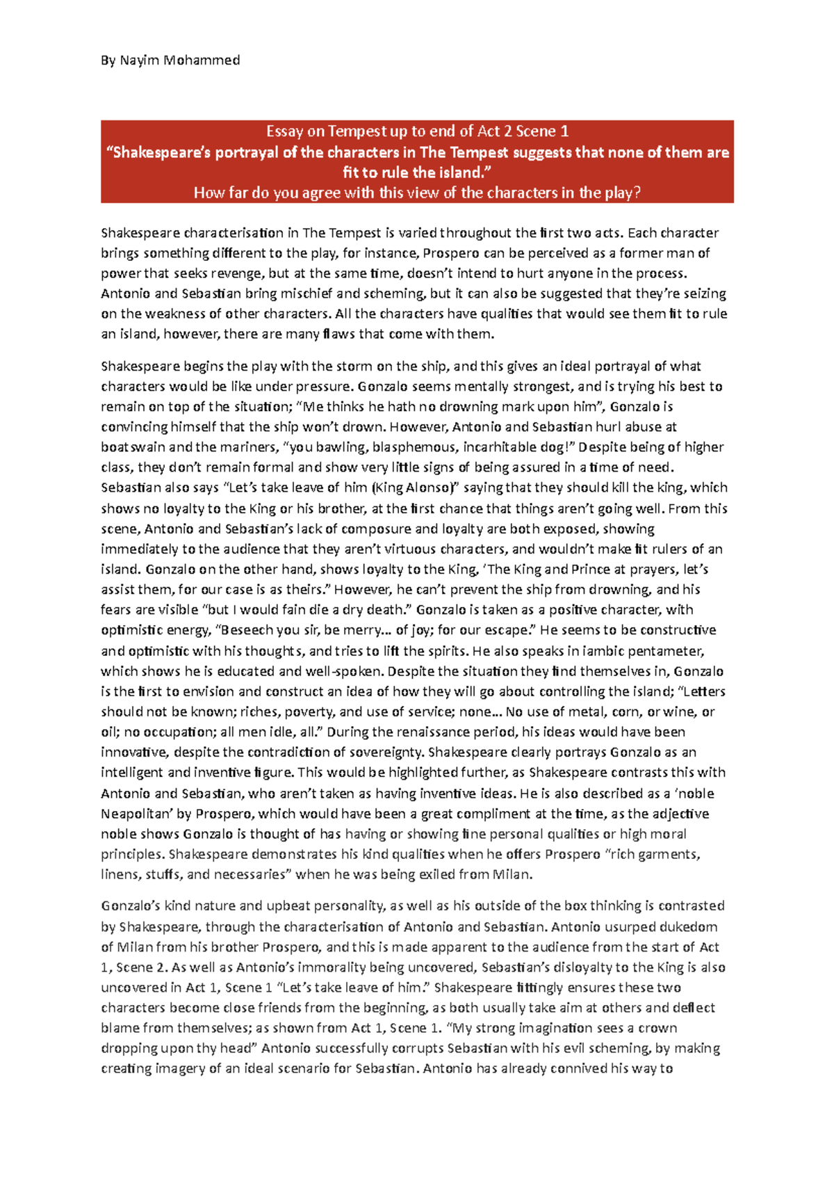 Essay - Tempest Fit to Rule Island - By Nayim Mohammed Essay on Tempest ...