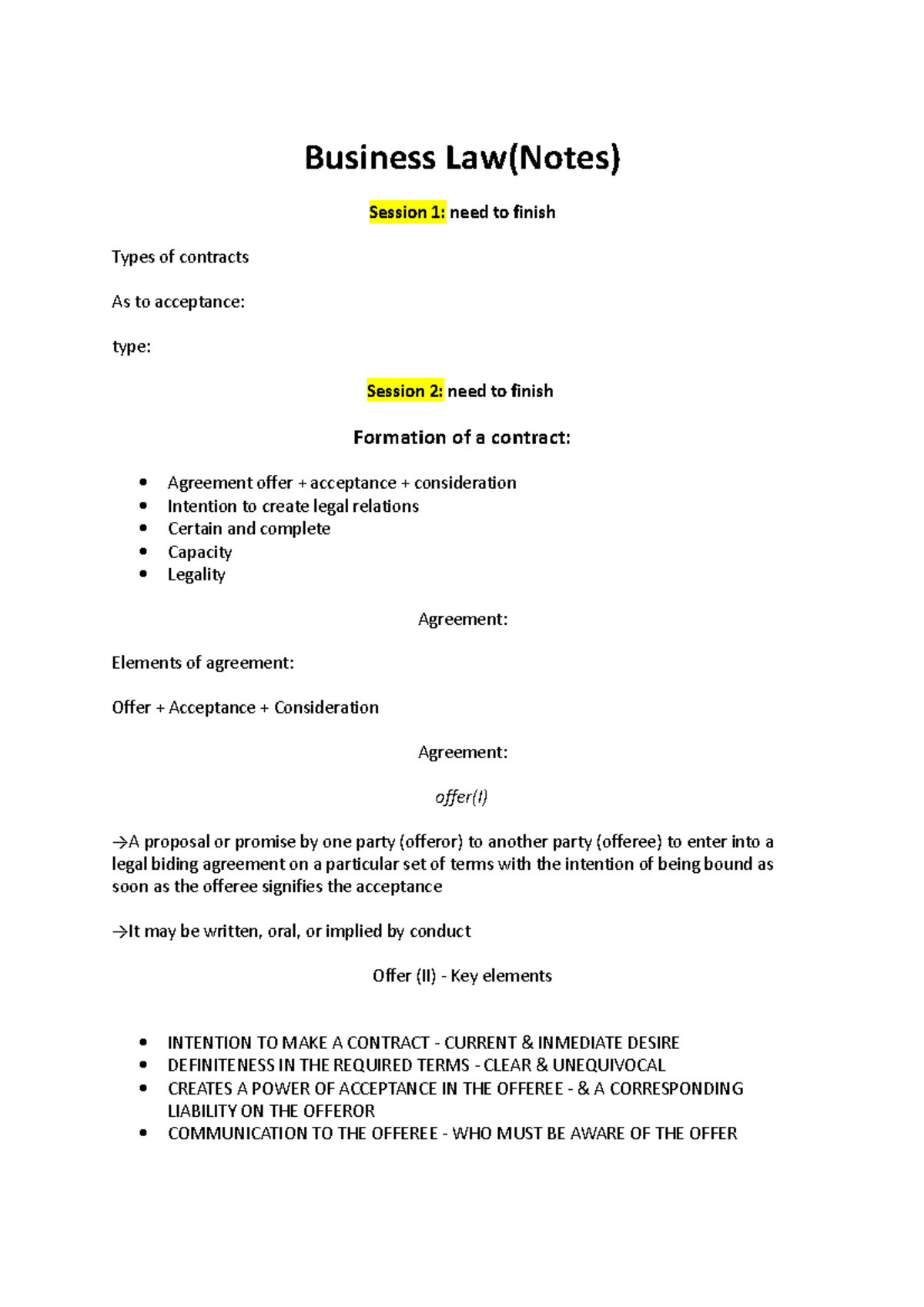Business Law (notes class) - Business Law(Notes) Session 1: need to ...