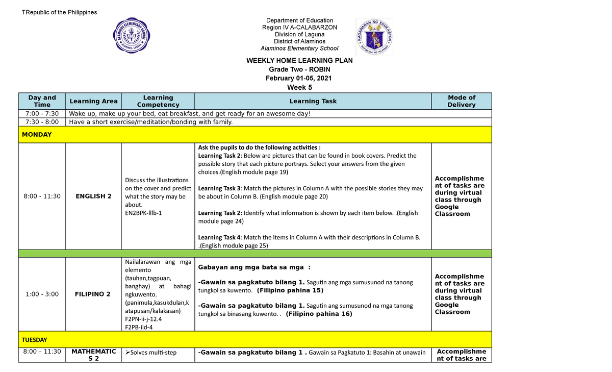 WHLP- Grade-2-Q2-W5 - WHLP for PIVOT 4A Grade 2 - TRepublic of the ...