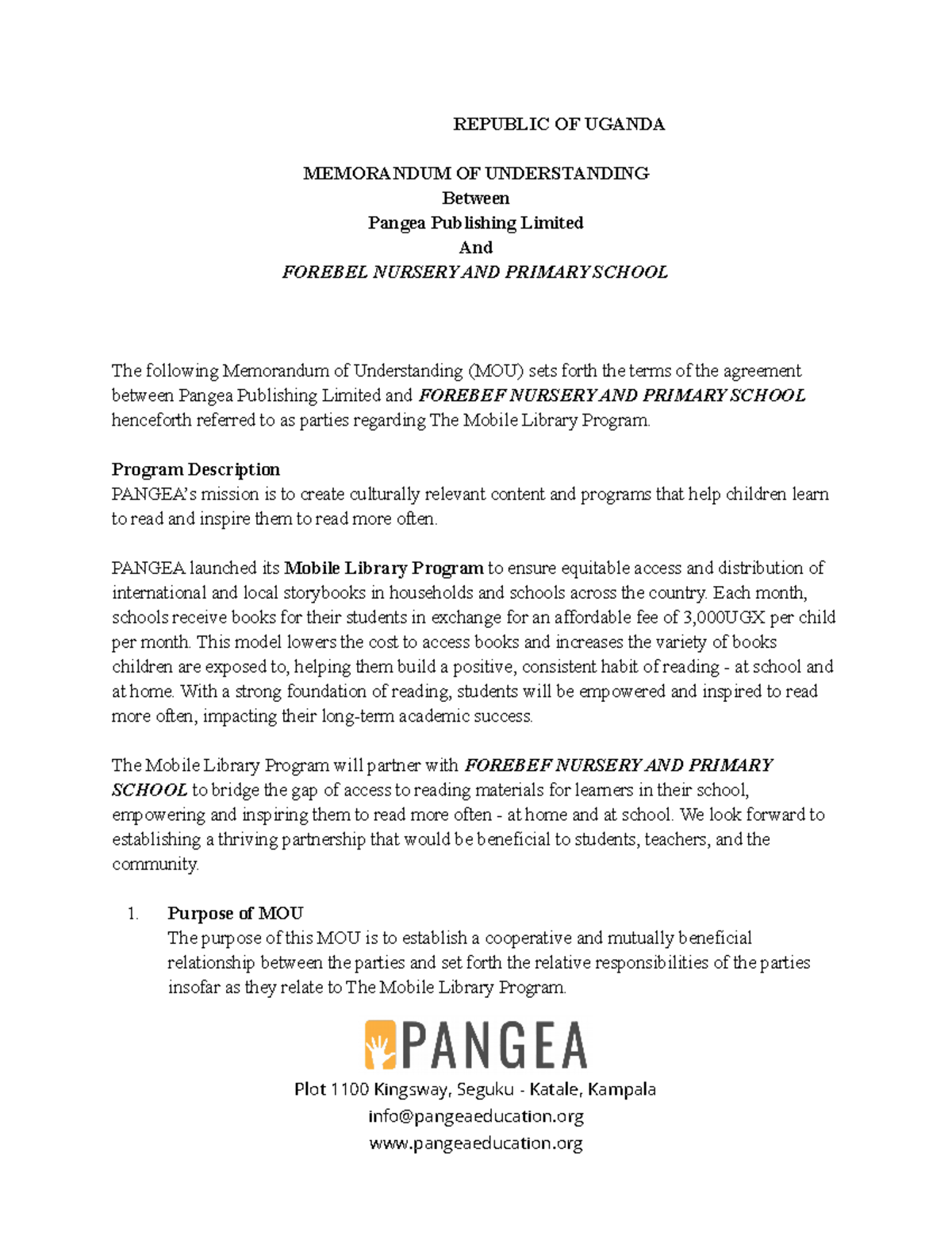 Memorandum of Understanding - Schools Forebef (2) - REPUBLIC OF UGANDA ...