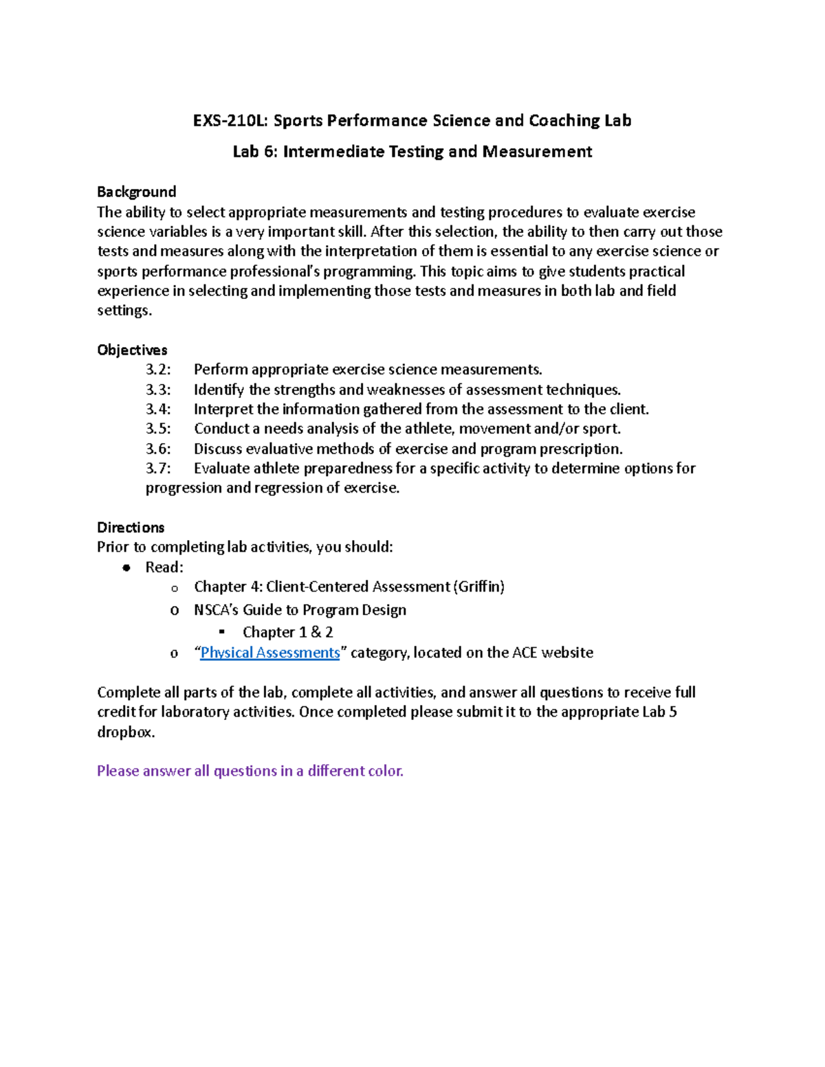Lab 6 - Testing & Measurements - EXS-210L: Sports Performance Science ...