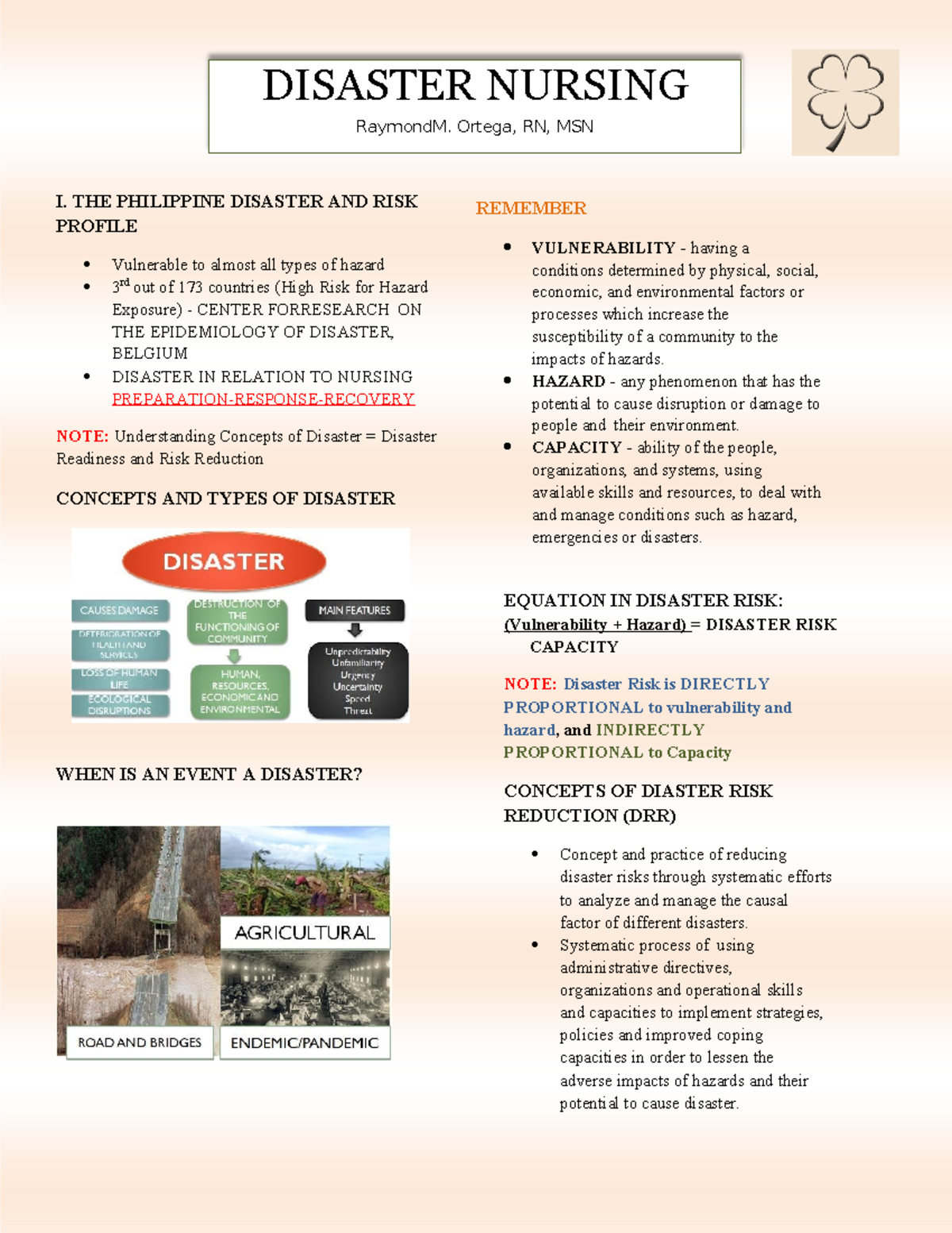 Disaster-Nursing (1) - DISASTER TRAINING - I. THE PHILIPPINE DISASTER ...