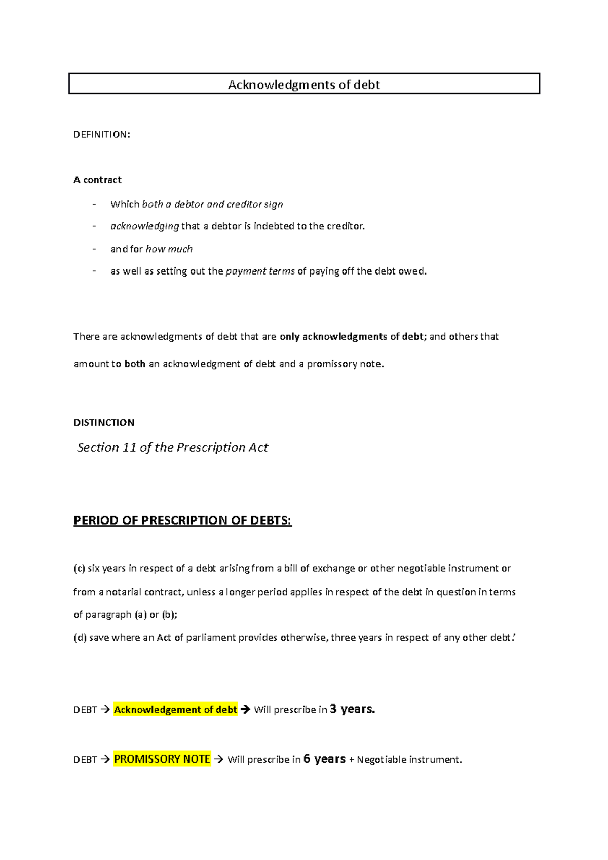 Acknowledgments of debt notes - Acknowledgments of debt DEFINITION: A ...