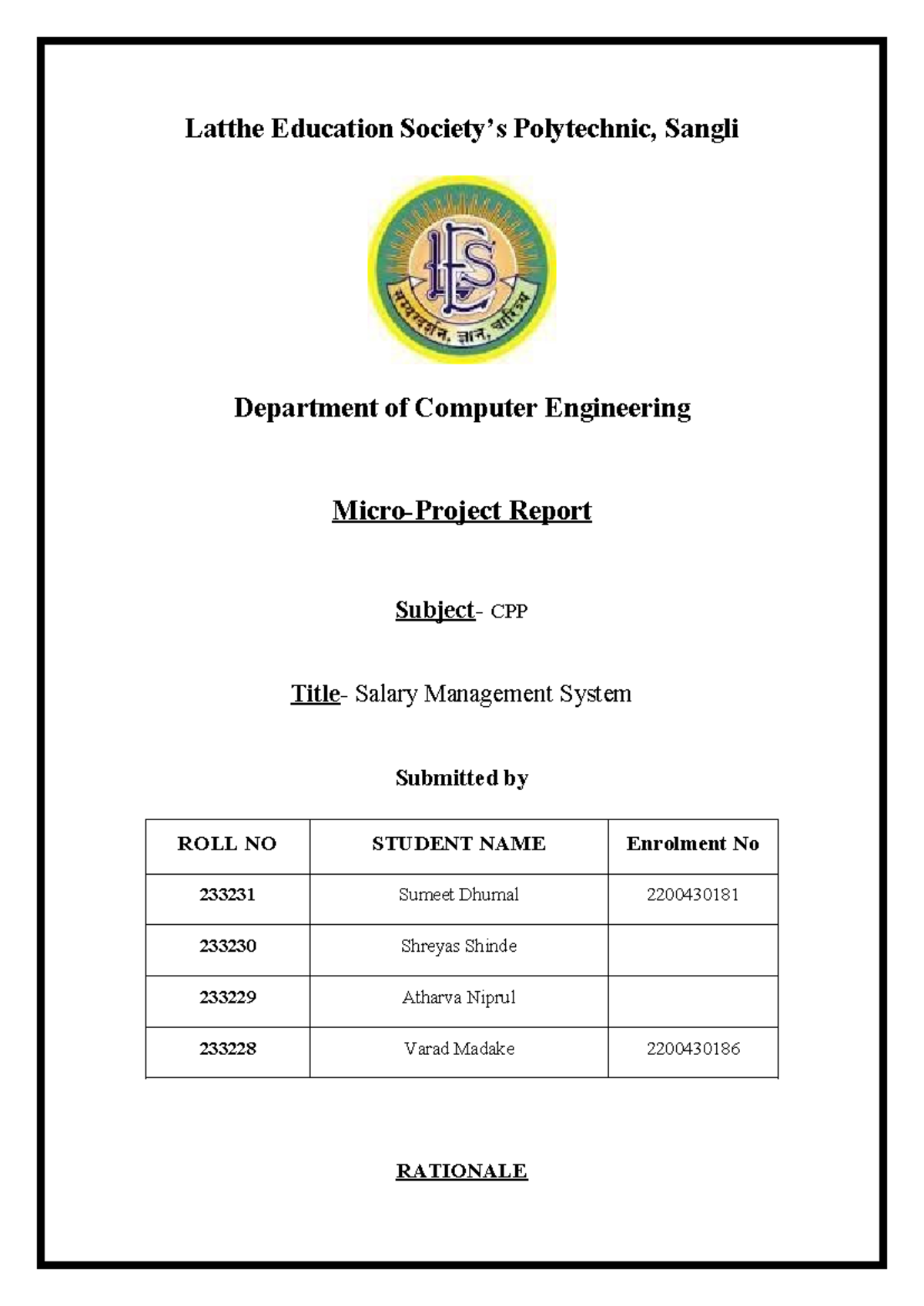 CPP Report - cpp mp - Latthe Education Society’s Polytechnic, Sangli Department of Computer ...