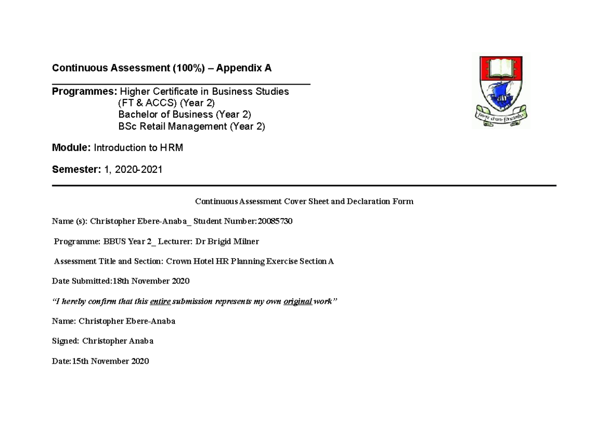 JU Continuous Assessment - Continuous Assessment (100%) – Appendix A ...