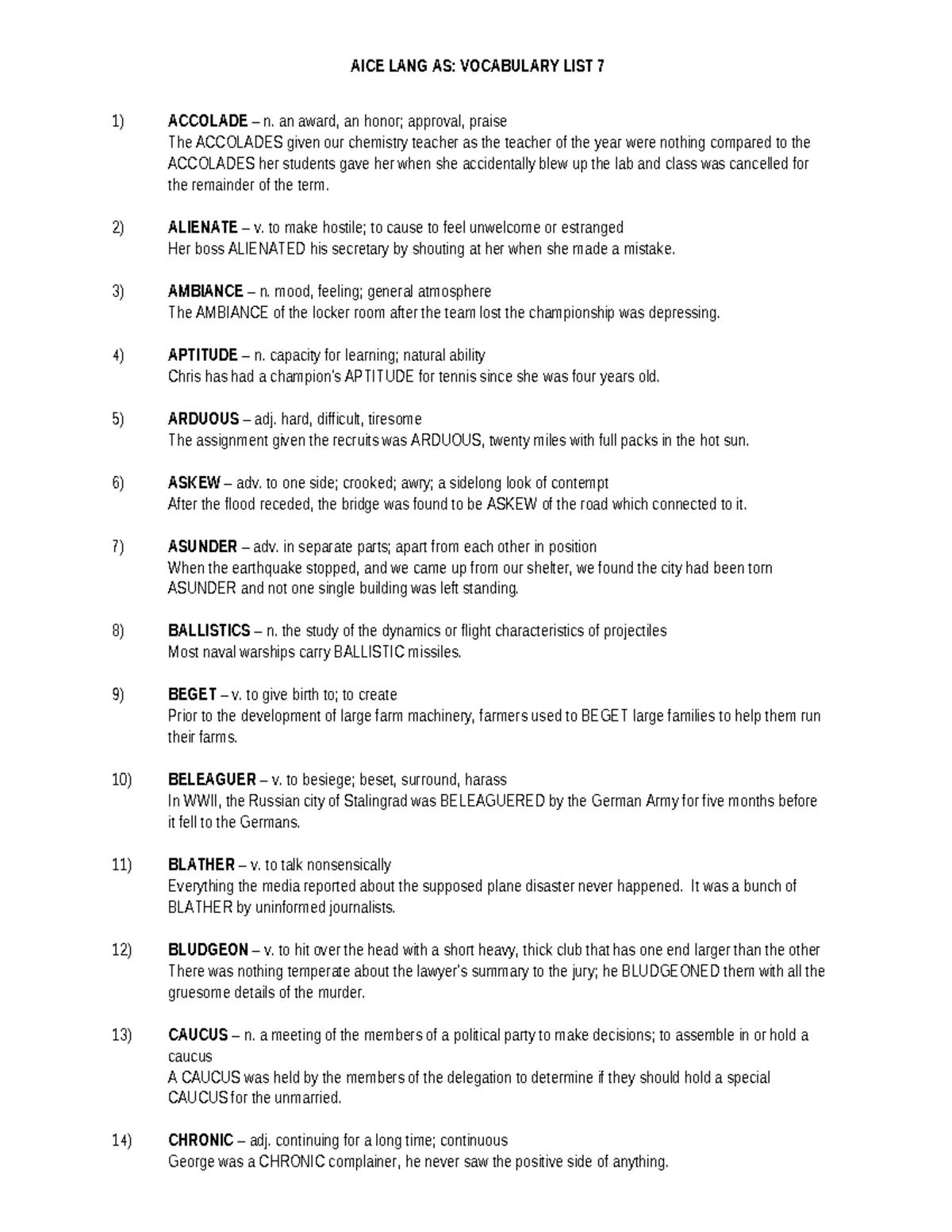 Vocab list 7 - AICE LANG AS: VOCABULARY LIST 7 ACCOLADE – n. an award ...