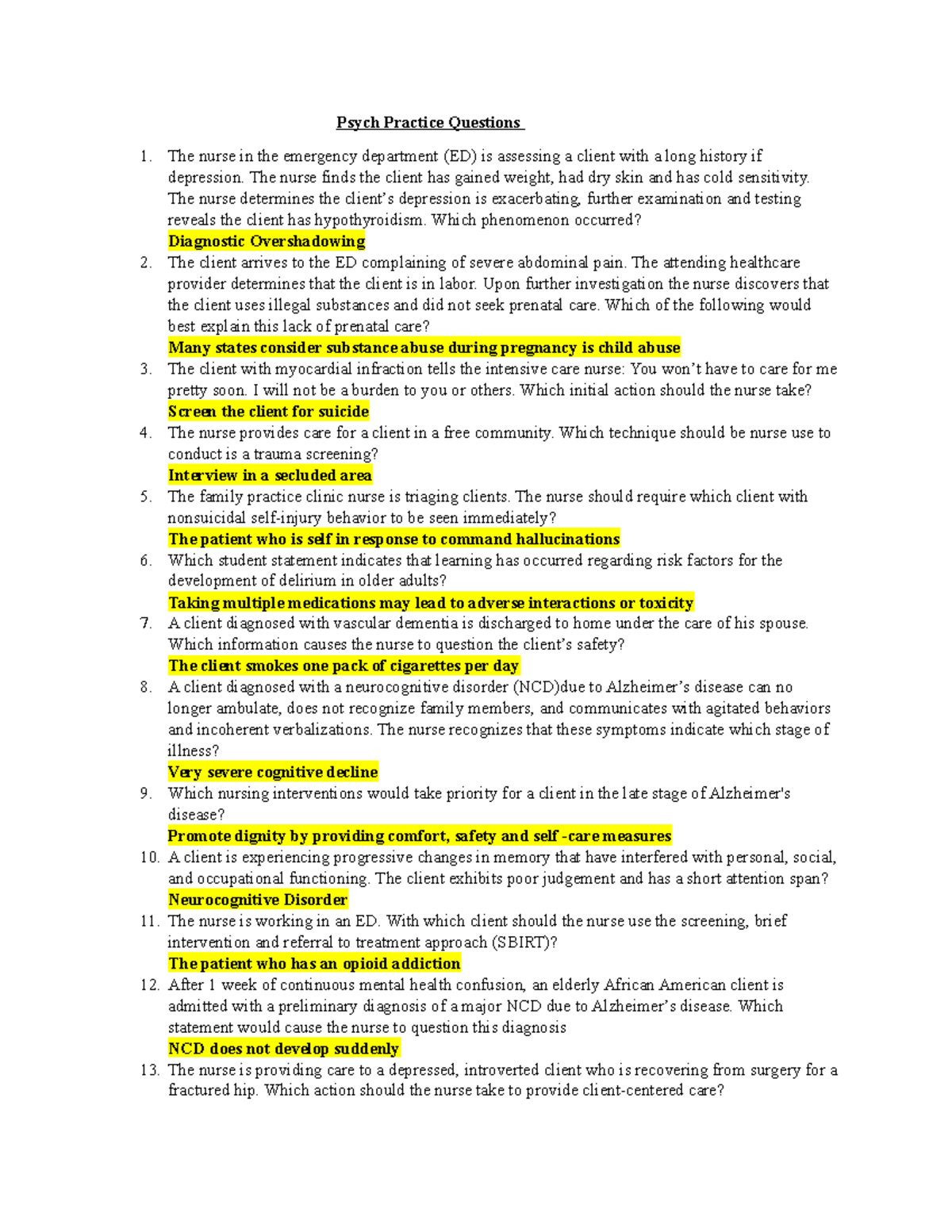 Psych Exam 1 Review - Psych Practice Questions The nurse in the ...