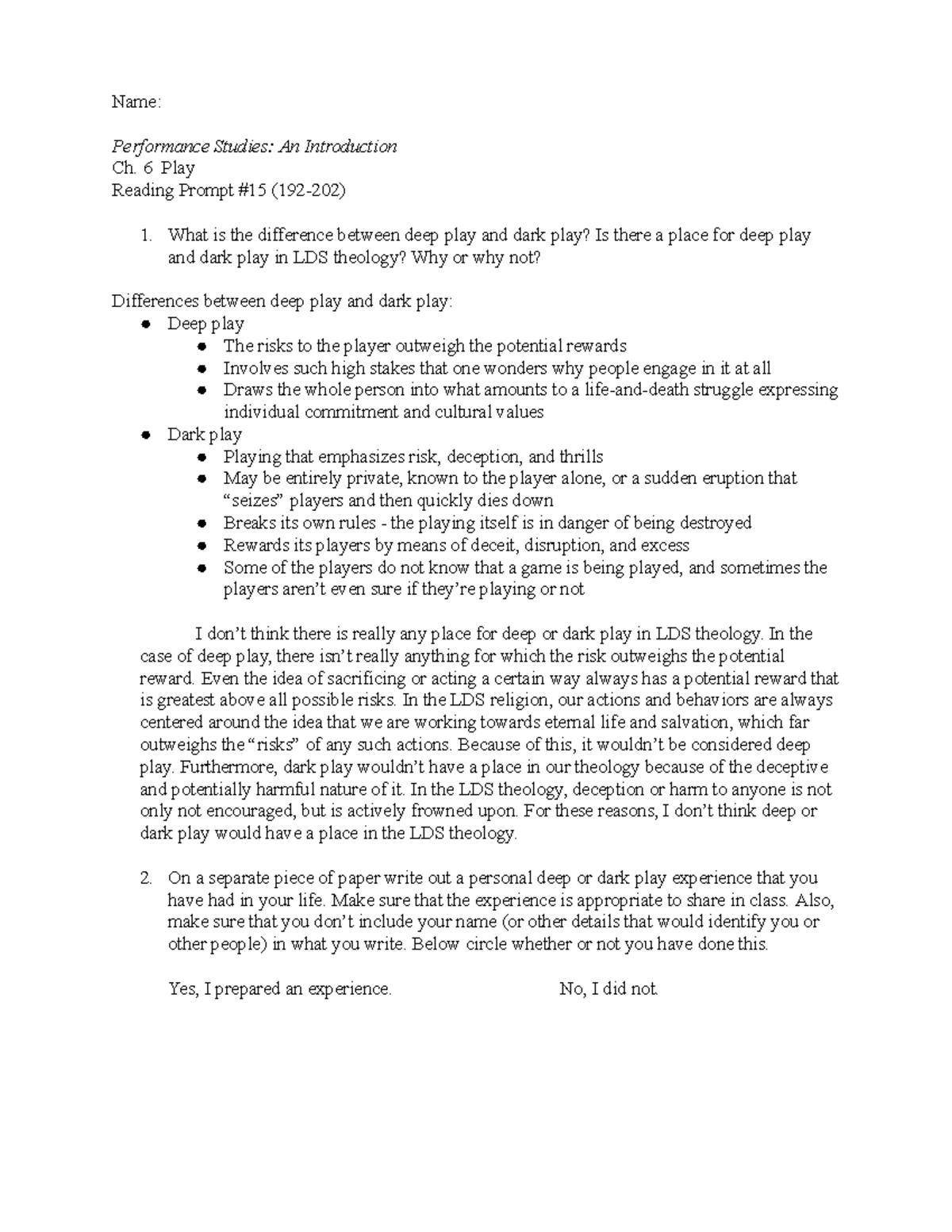 Intro to Performance Studies Reading Prompt (pp 192-202) - Name ...