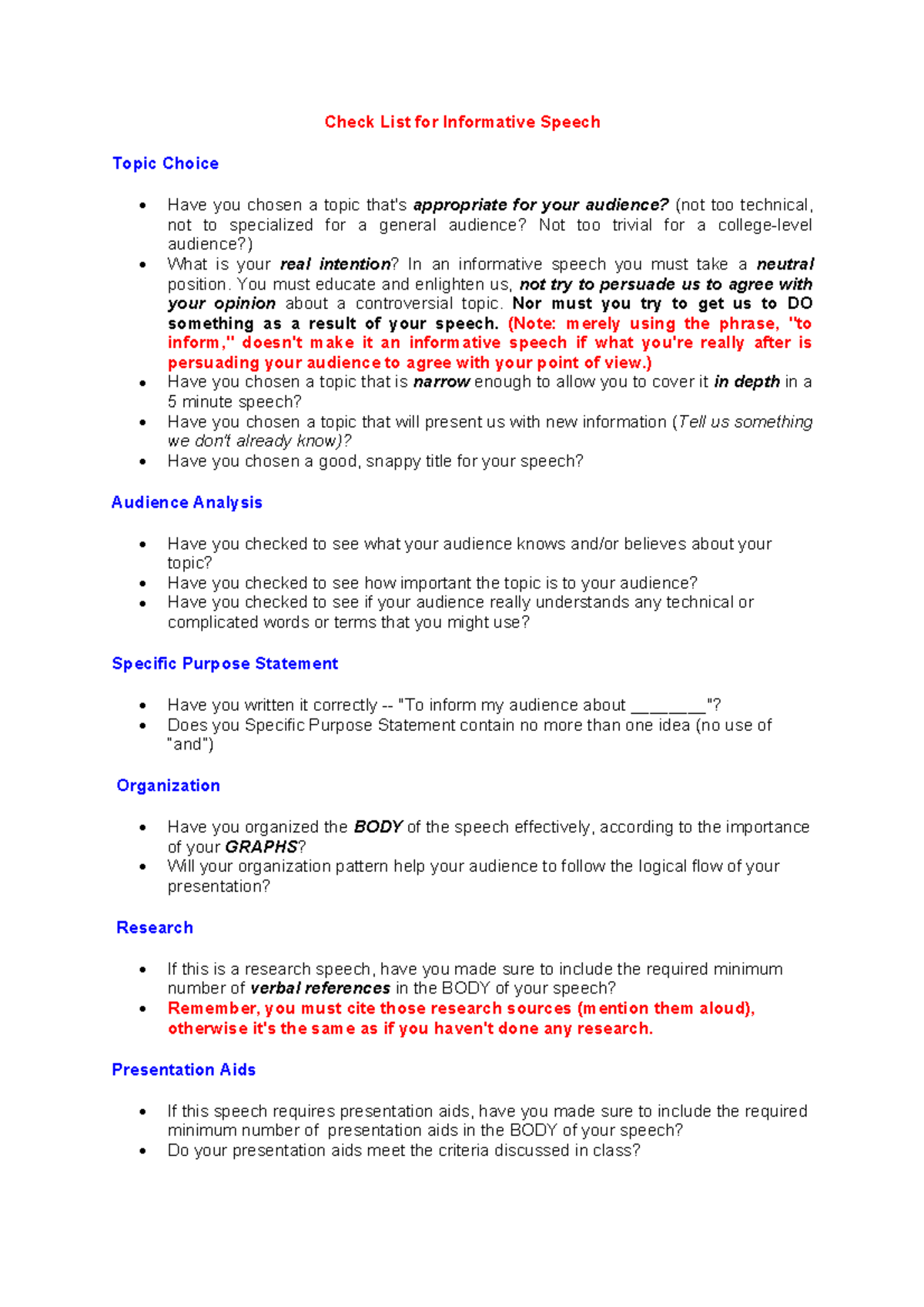 Checklist IS - Check List for Informative Speech Topic Choice Have you ...