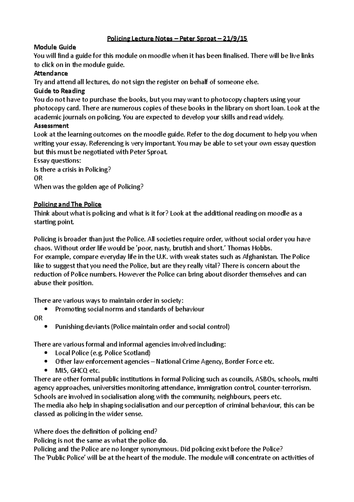 Policing 21-9-15 - Summary of lecture - Policing Lecture Notes Peter ...