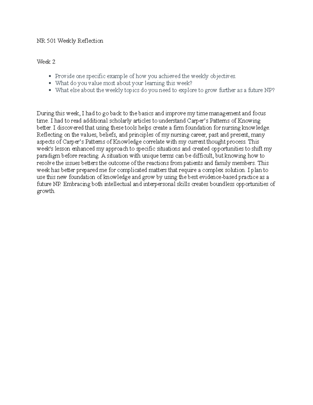 NR 501 Reflections-1 - NR 501 Weekly Reflection Week 2 Provide one ...