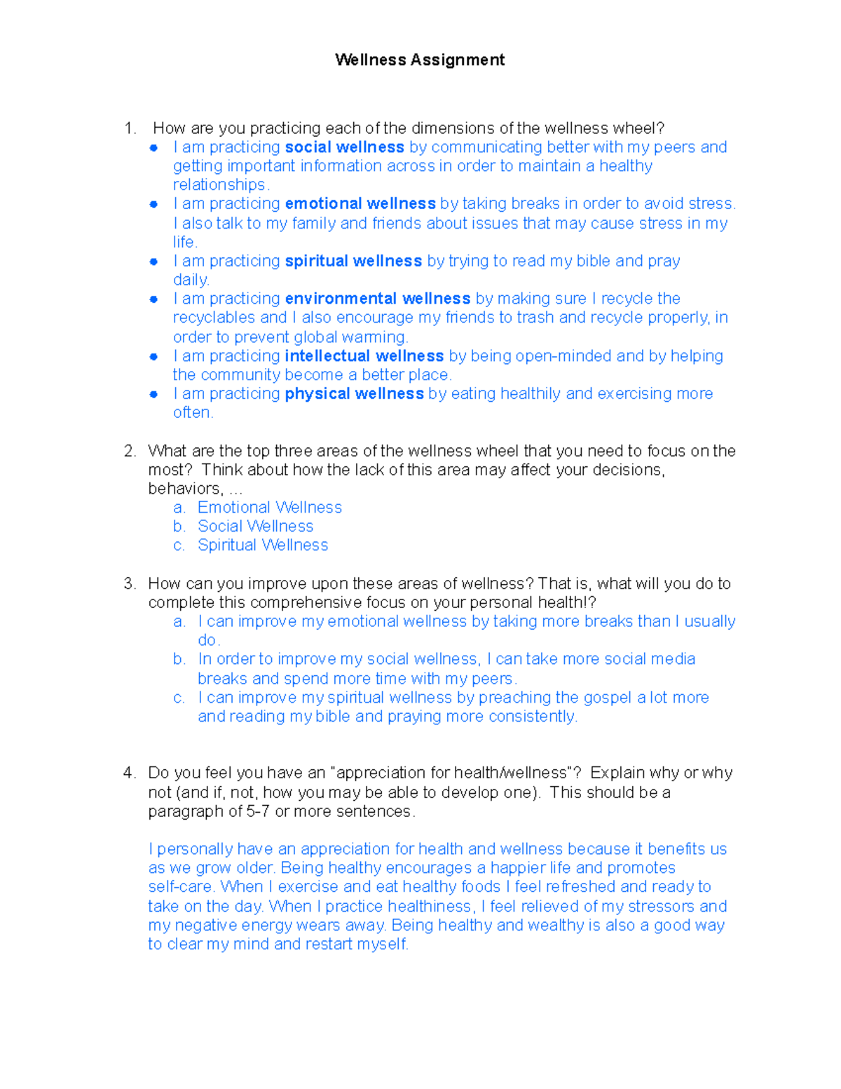 Wellness Assignment 1164 - Wellness Assignment How are you practicing ...