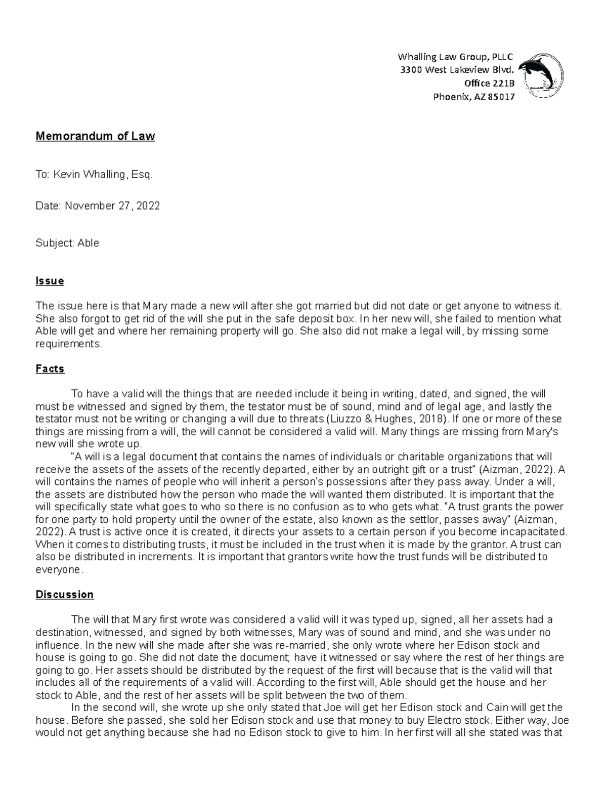 Memorandum of Law GOV-360 - Whalling Law Group, PLLC 3300 West Lakeview ...