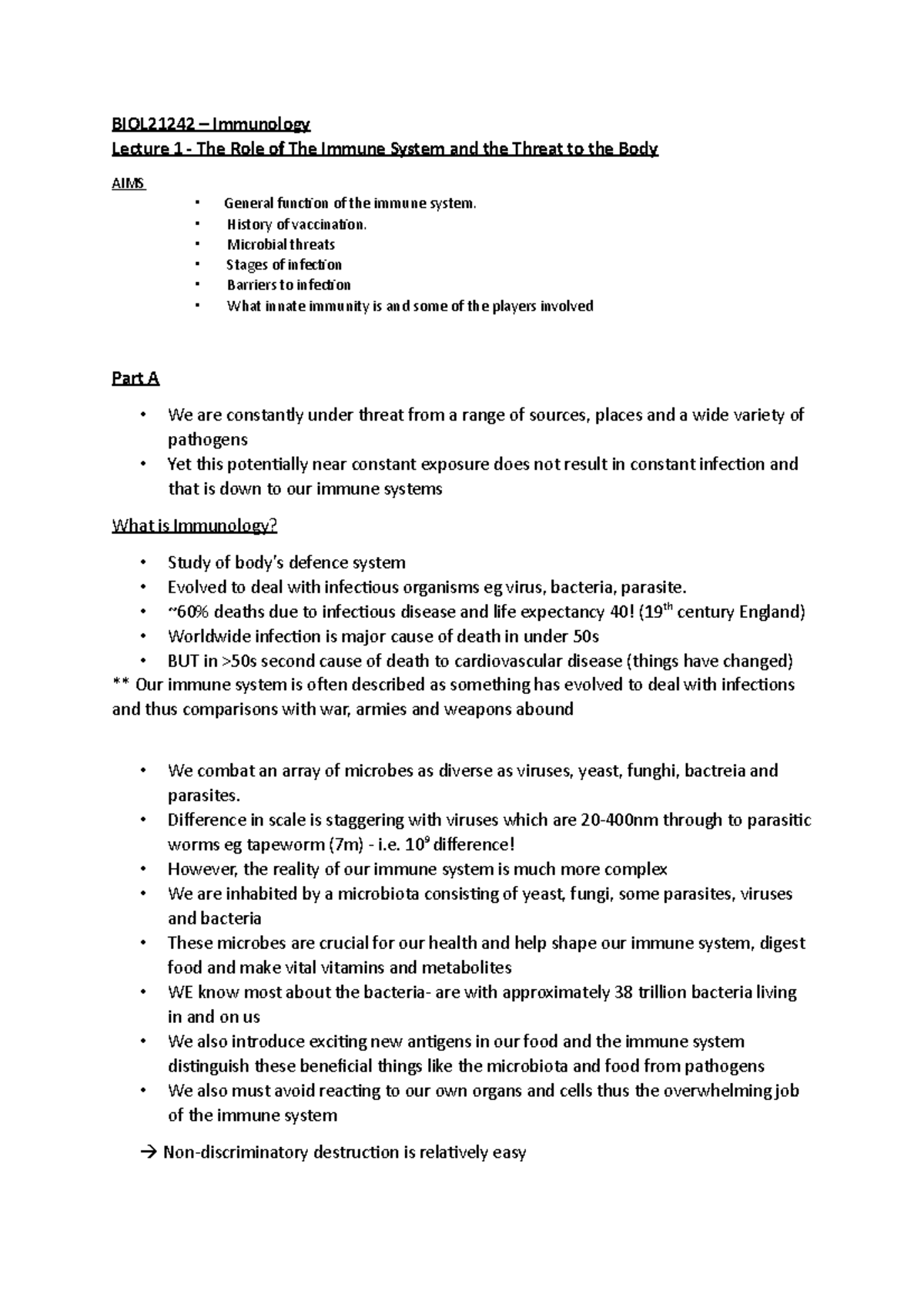 Lecture 1 - The Role of The Immune System and the Threat to the Body ...