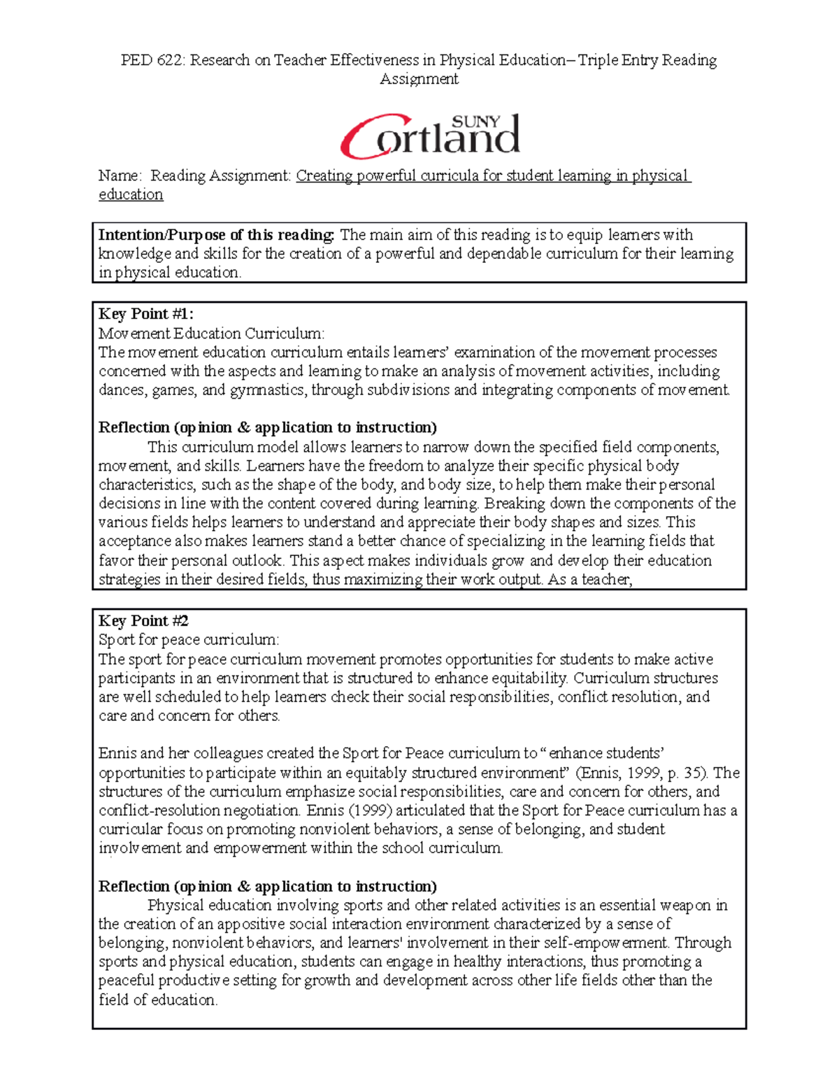 Week 6 Triple entry form cortland PED 622 Creating powerful curricula ...