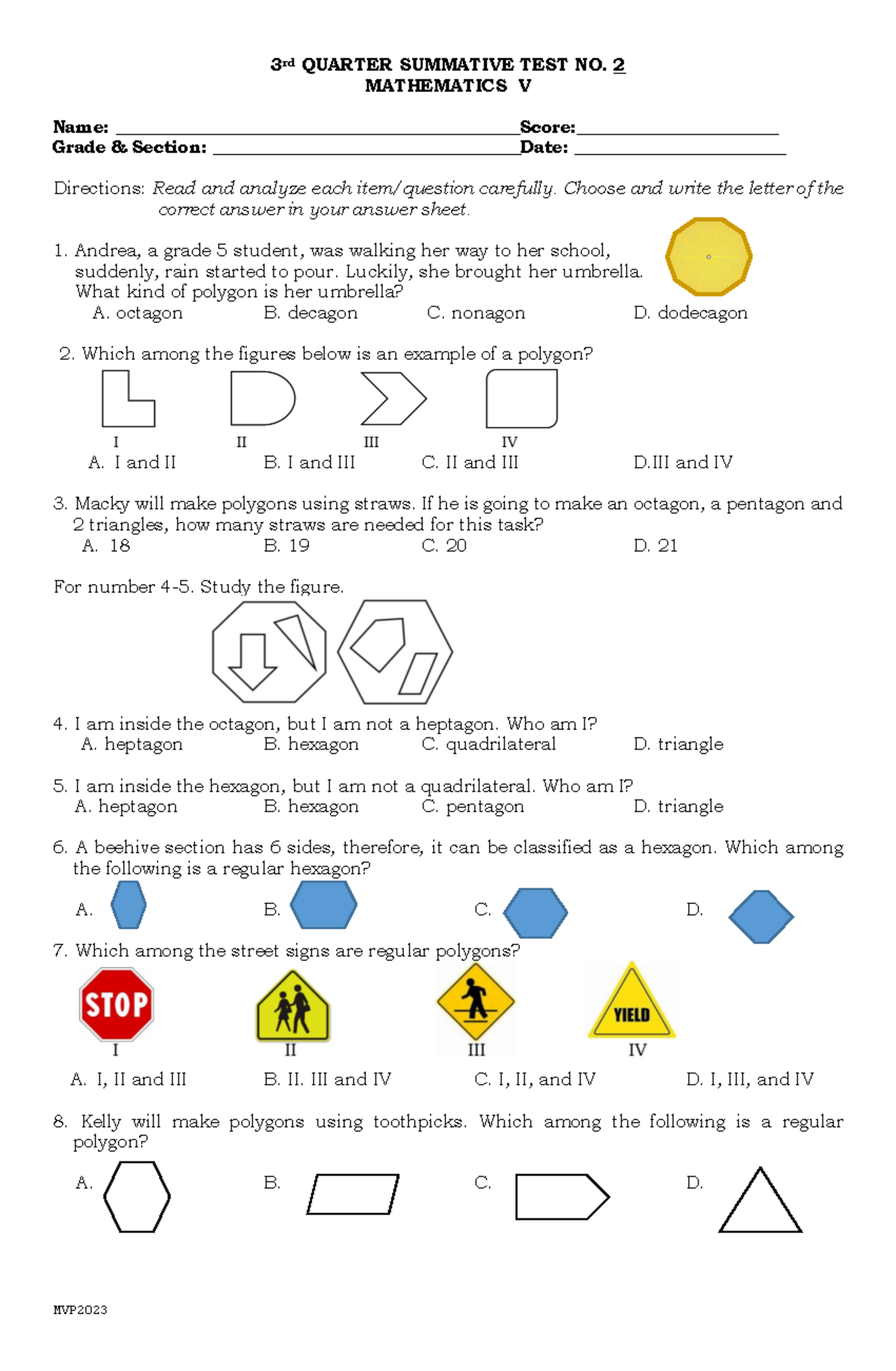 3rd Quarter MATH 5 Summative TEST NO - MVP 3 rd QUARTER SUMMATIVE TEST ...