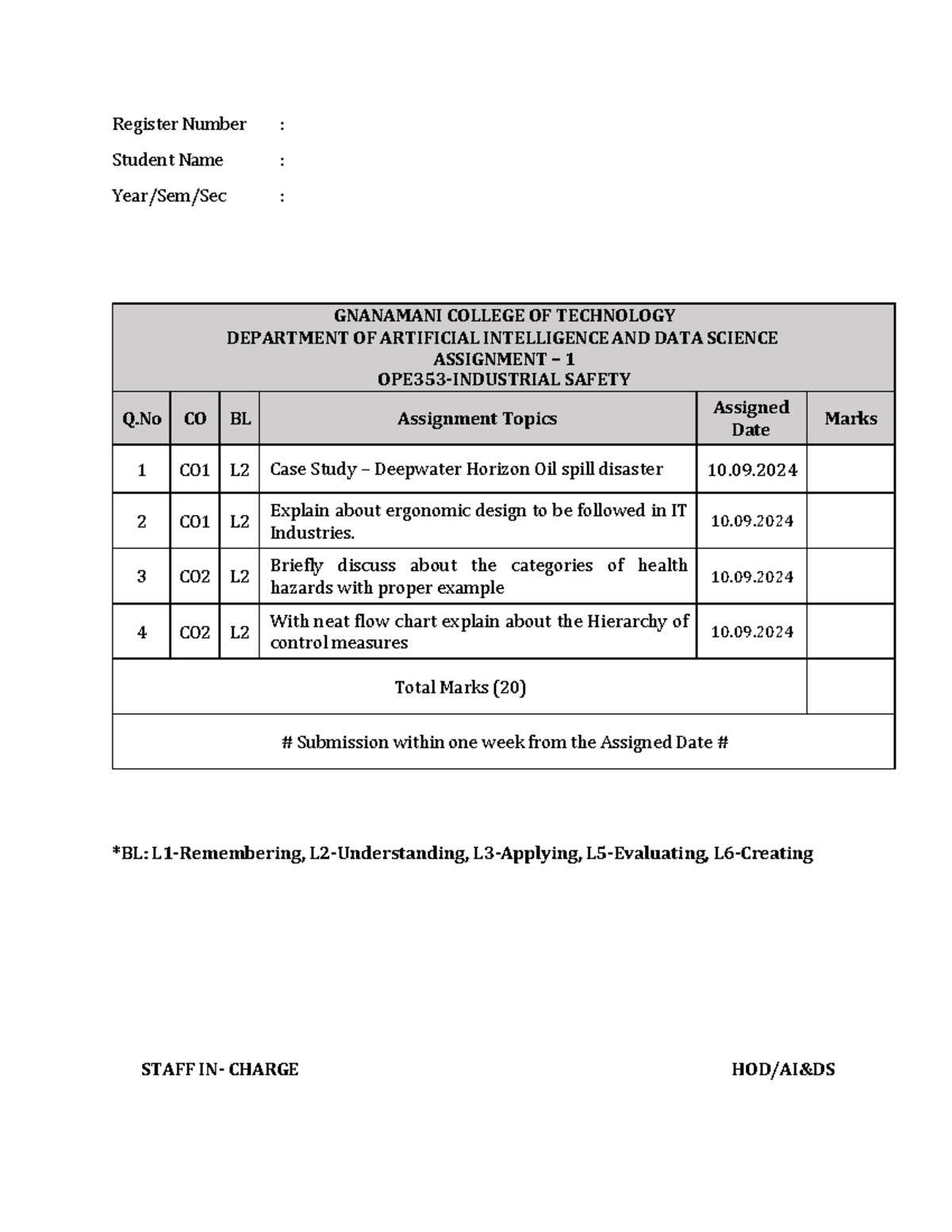 IS Assignment 1 - lsfgjlskdnglksdniowetlkwngd - Register Number ...