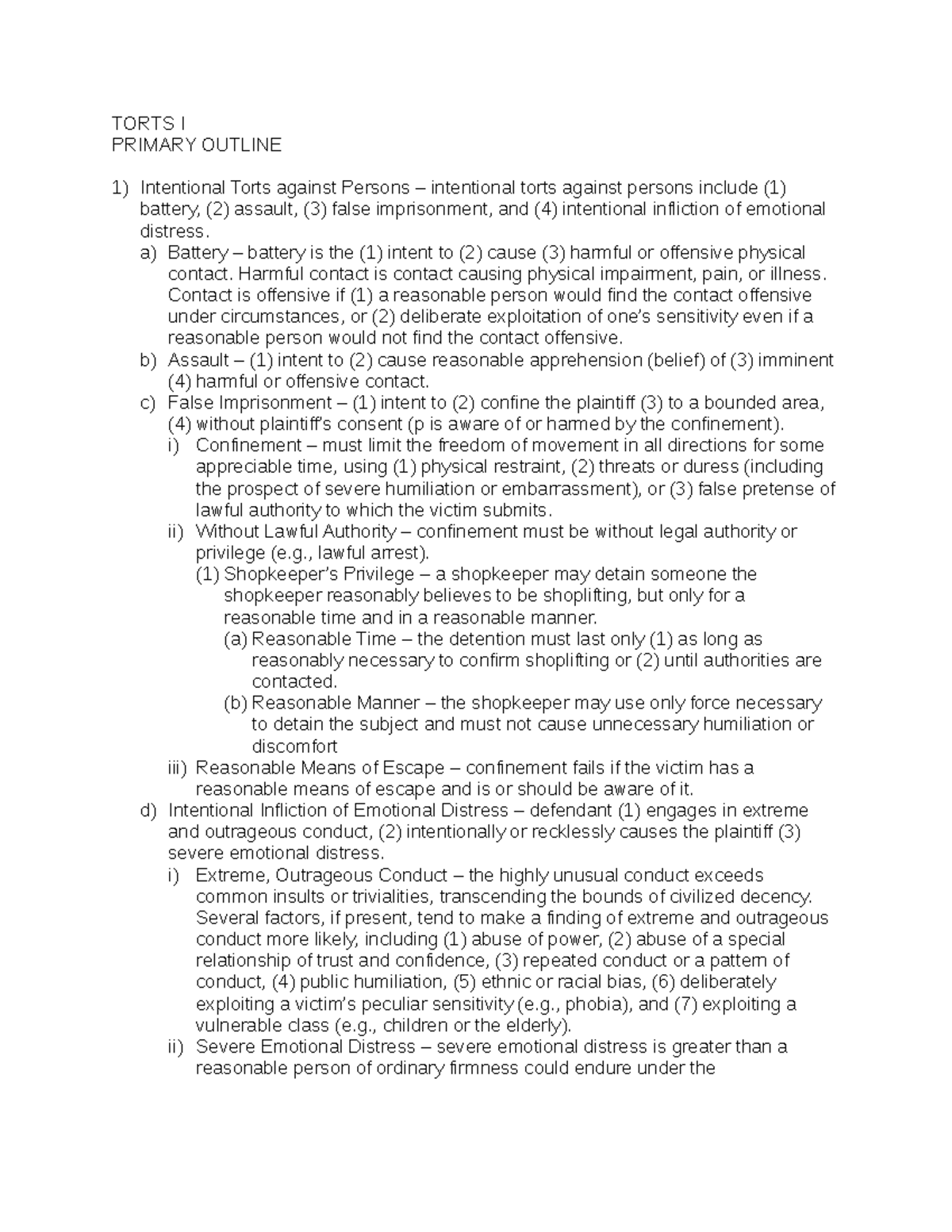 Torts I Primary Outline 72423 - TORTS I PRIMARY OUTLINE Intentional ...