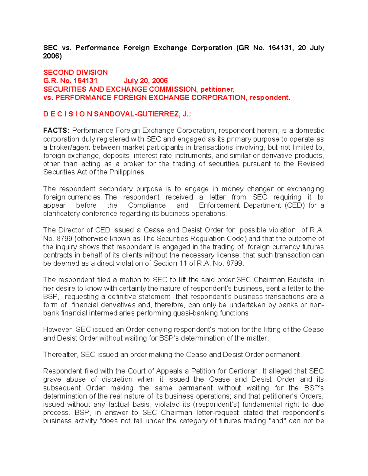 221. SEC - Case Digest - SEC vs. Performance Foreign Exchange ...