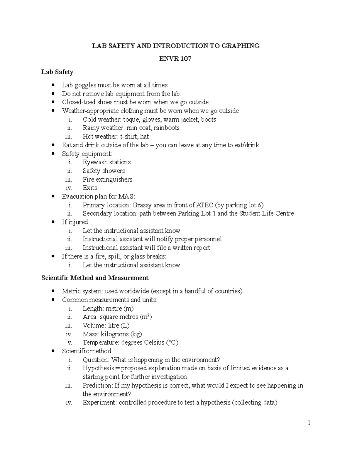 Lab Safety and Introduction to Graphing - LAB SAFETY AND INTRODUCTION TO GRAPHING ENVR 107 Lab ...