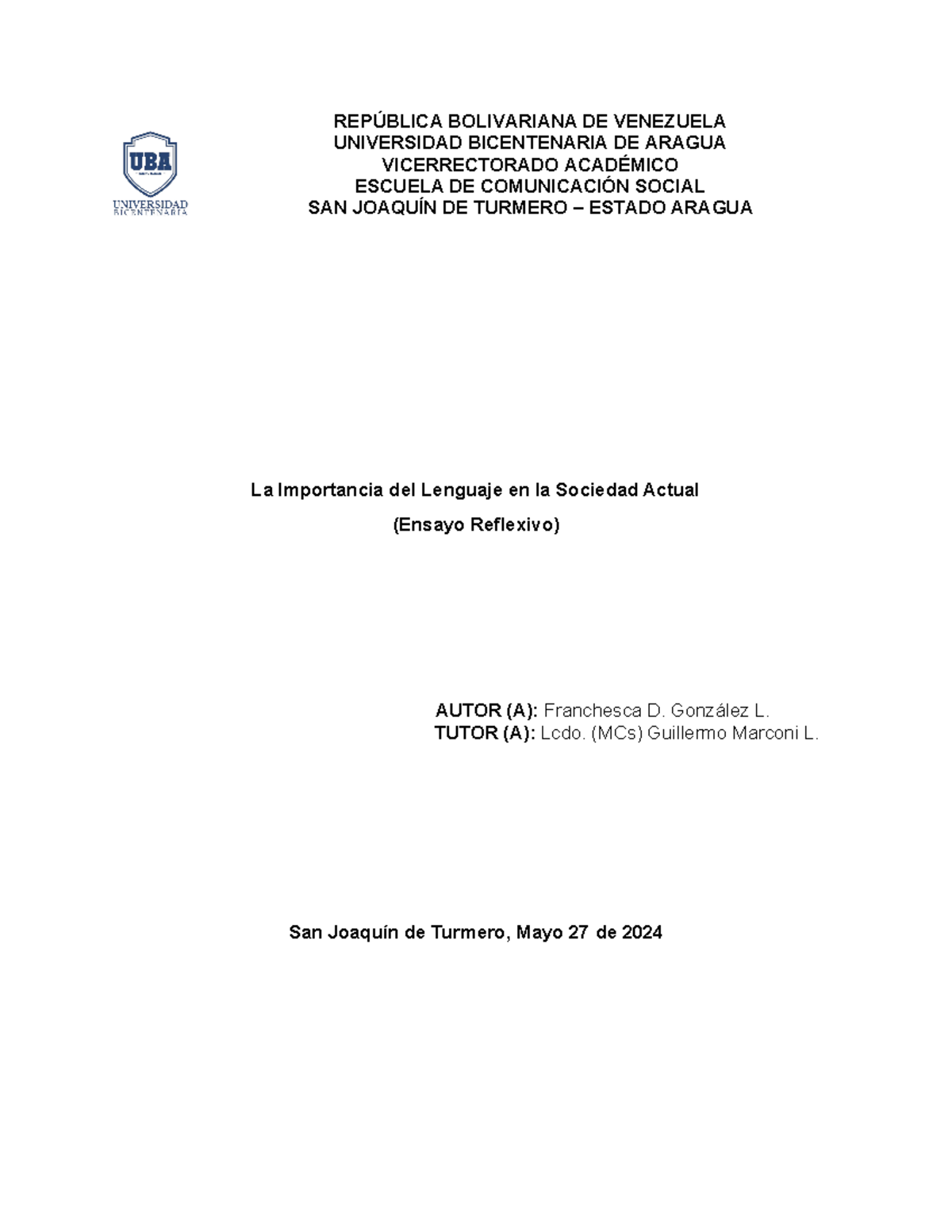 Gonzalez Franchesca Ensayo Reflexivo Unidad 1 - REPÚBLICA BOLIVARIANA ...