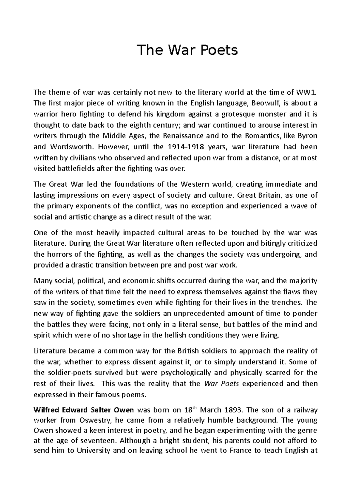 The war poets - The War Poets The theme of war was certainly not new to ...