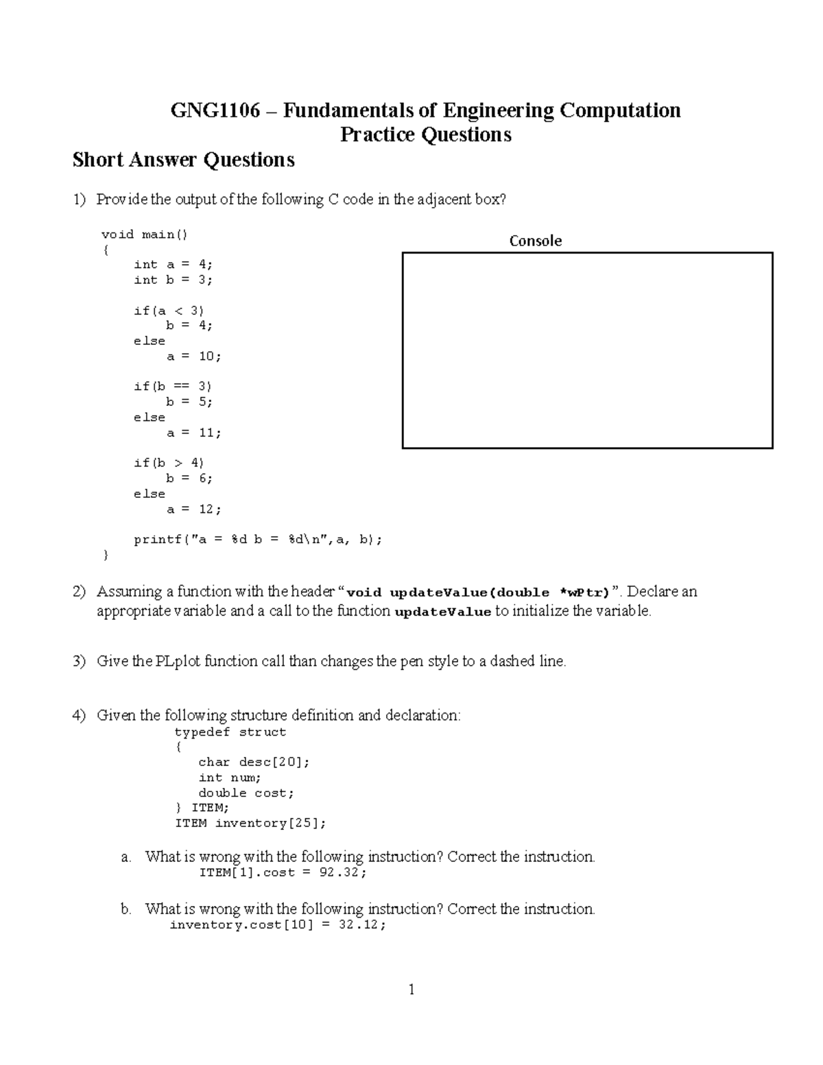 GNG1106 Practice Questions Final - GNG1106 – Fundamentals of Engineering Computation Practice ...