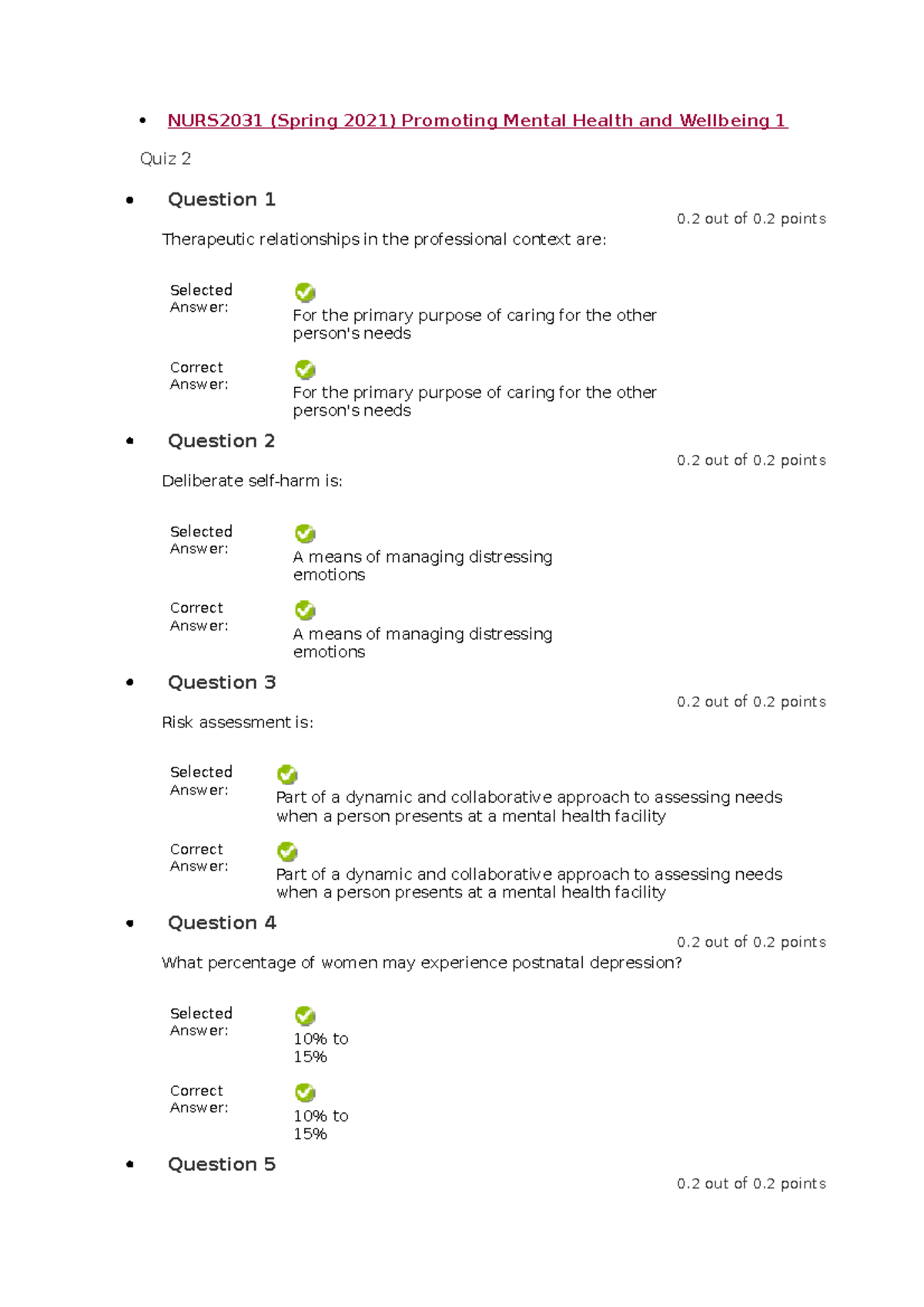 NURS2031 (Spring 2021) Promoting Mental Health and Wellbeing 1, QUIZ 2 ...